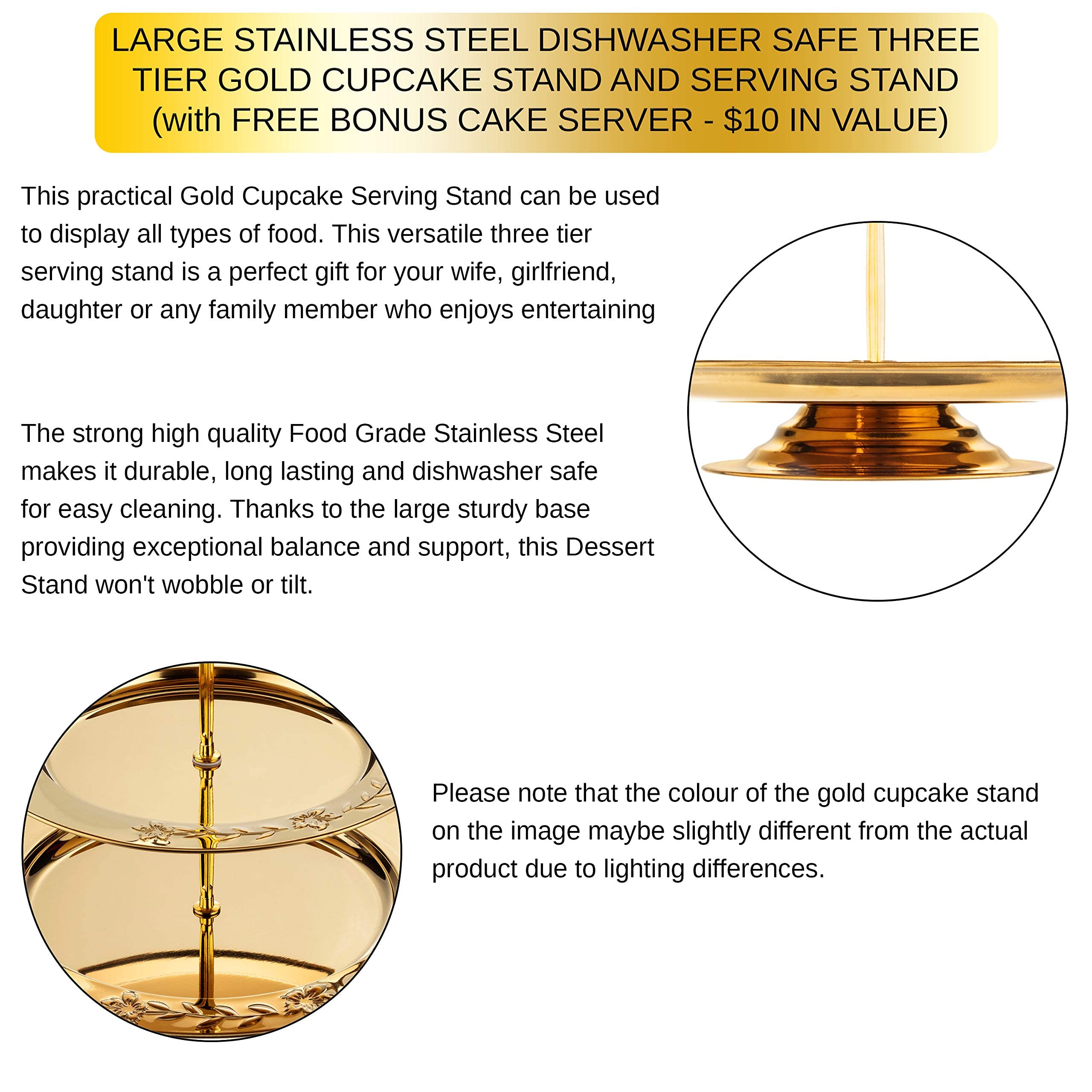 AKSHITHAA Large Food Grade Stainless Steel Three Tier Gold Cupcake Stand-Gold Dessert Stand-Gold Serving Tray-Three Tiered Gold Cake Stand for Weddings with Extra Gold Cake Server, Dishwasher Safe