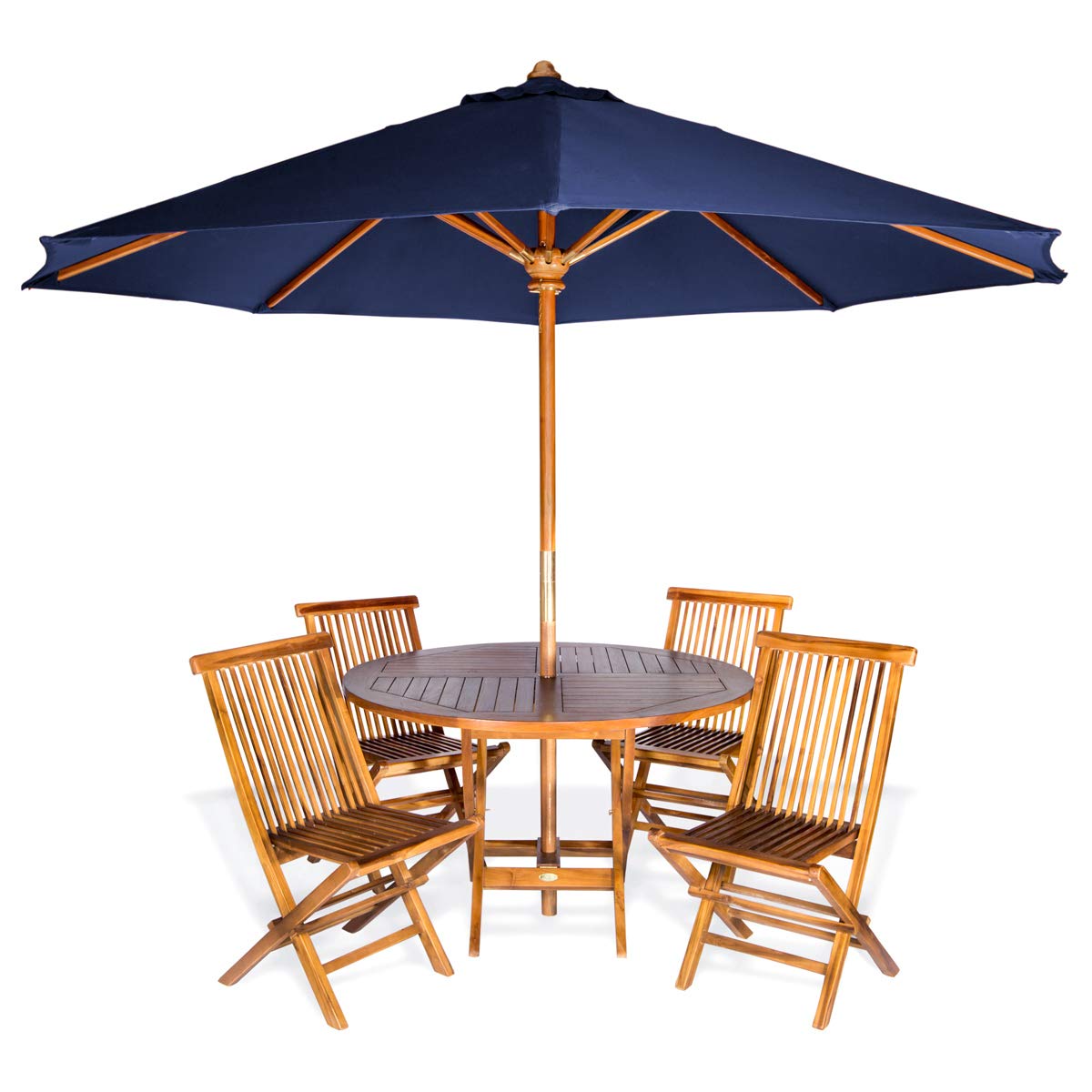 All Things Cedar TT6P-R-B 6-Piece Teak Round Patio Dining Set - Table and 4 Chairs for Outdoor Events | Backyard Furniture with Umbrella Hole | Brass Grommet & Cap | Blue Umbrella