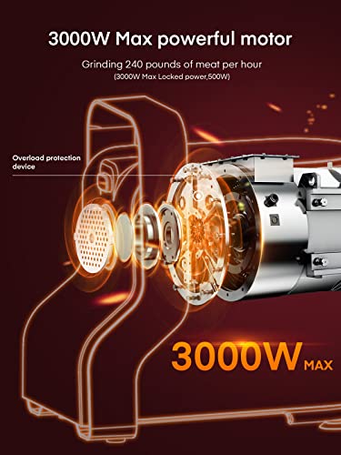 Electric Meat Grinder Heavy Duty - 5 in1 Home Meat Grinder - 3000W Max Powerful - Sausage Stuffer - Slicer/Shredder/Grater - Kubbe & Tomato Juicing Kits - 3 Stainless Steel Grinding Plates - Size #12