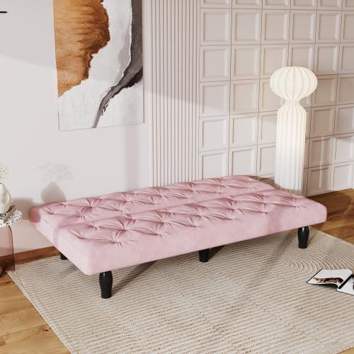 Anwickmak Velvet Convertible Futon Sofa Bed, Mid Century Green Fabric Couch, Sleeper Loveseat with Golden Metal Legs, Couches for Small Spaces (Pink)