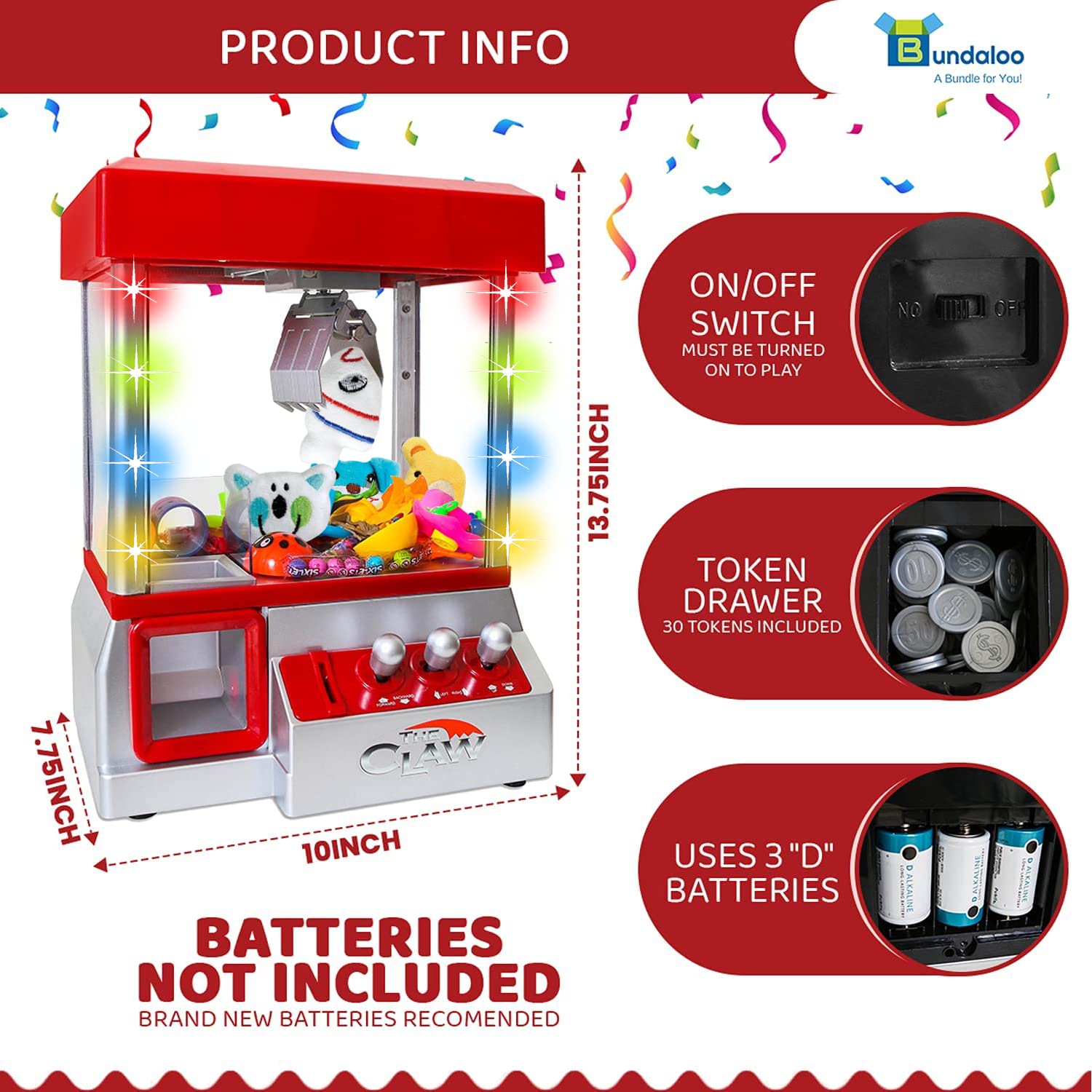 Bundaloo Claw Machine Arcade Game - Electronic Mini Candy and Toy Grabber Dispenser for Kids - with Lights Sound & 4 Mini Plush Animals (Red)