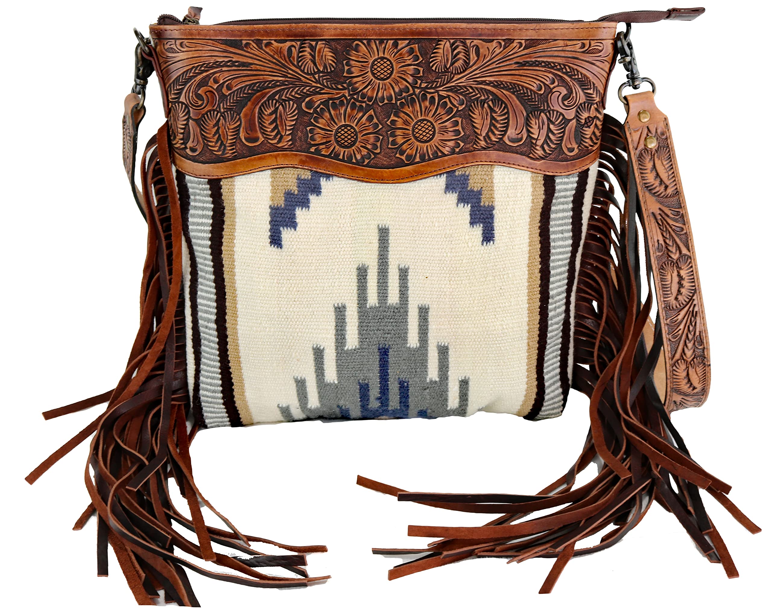 American Darling Aztec And Fringe Crossbody In Cream and Grey ADBGZ579A