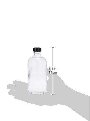 JG Finneran D0149-8 Clear Borosilicate Glass Standard Boston Round Bottle with Black Phenolic Closure, PE Cone Lined, 24-400mm Cap Size, 8oz Capacity (Pack of 12)