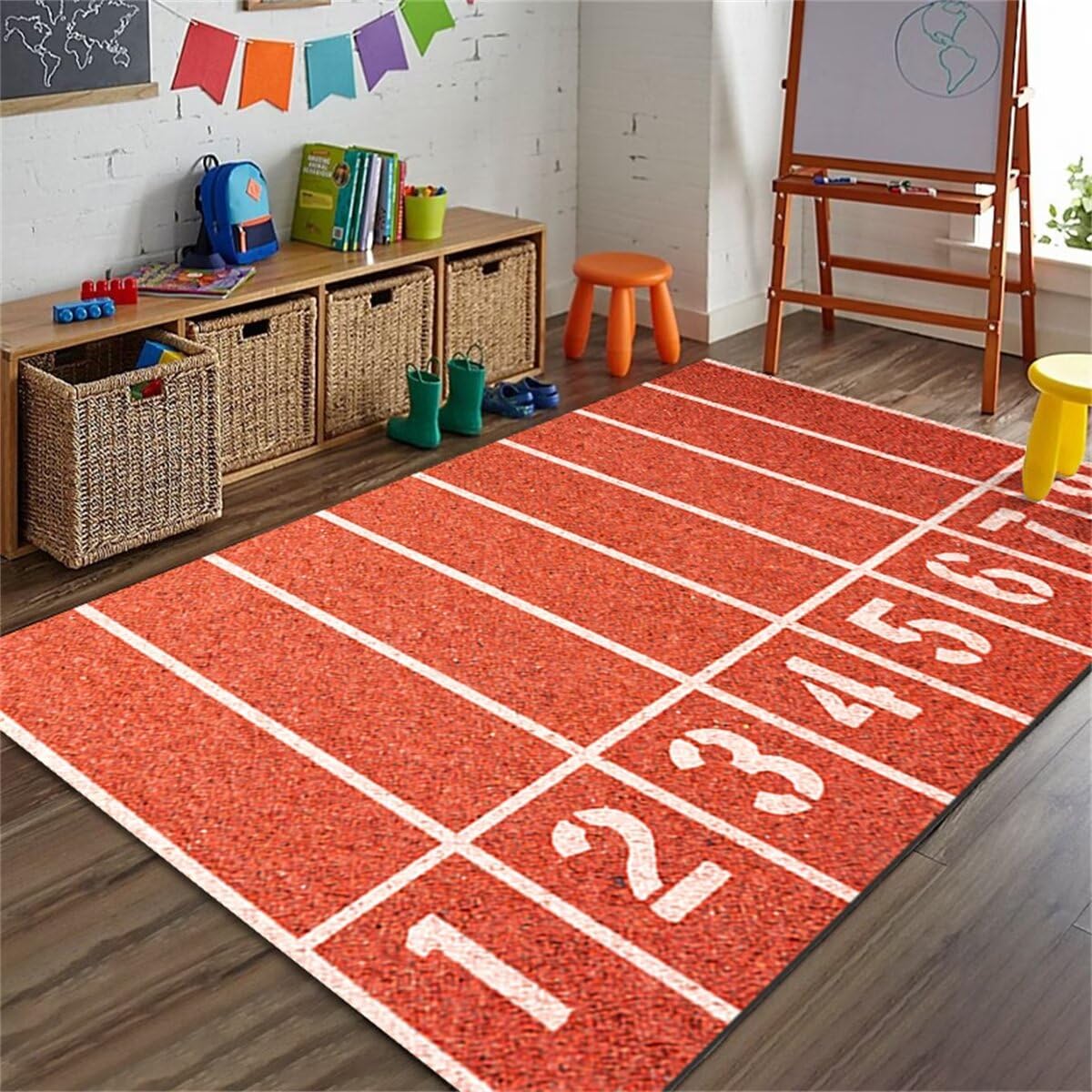 Athletic Field Rug Track Area Rugs Red Rug Sport Theme Decor Carpet Non-Slip for Kids Boy Playroom Bedroom Living Room Washable Floor Mat, 24 in X 36 in
