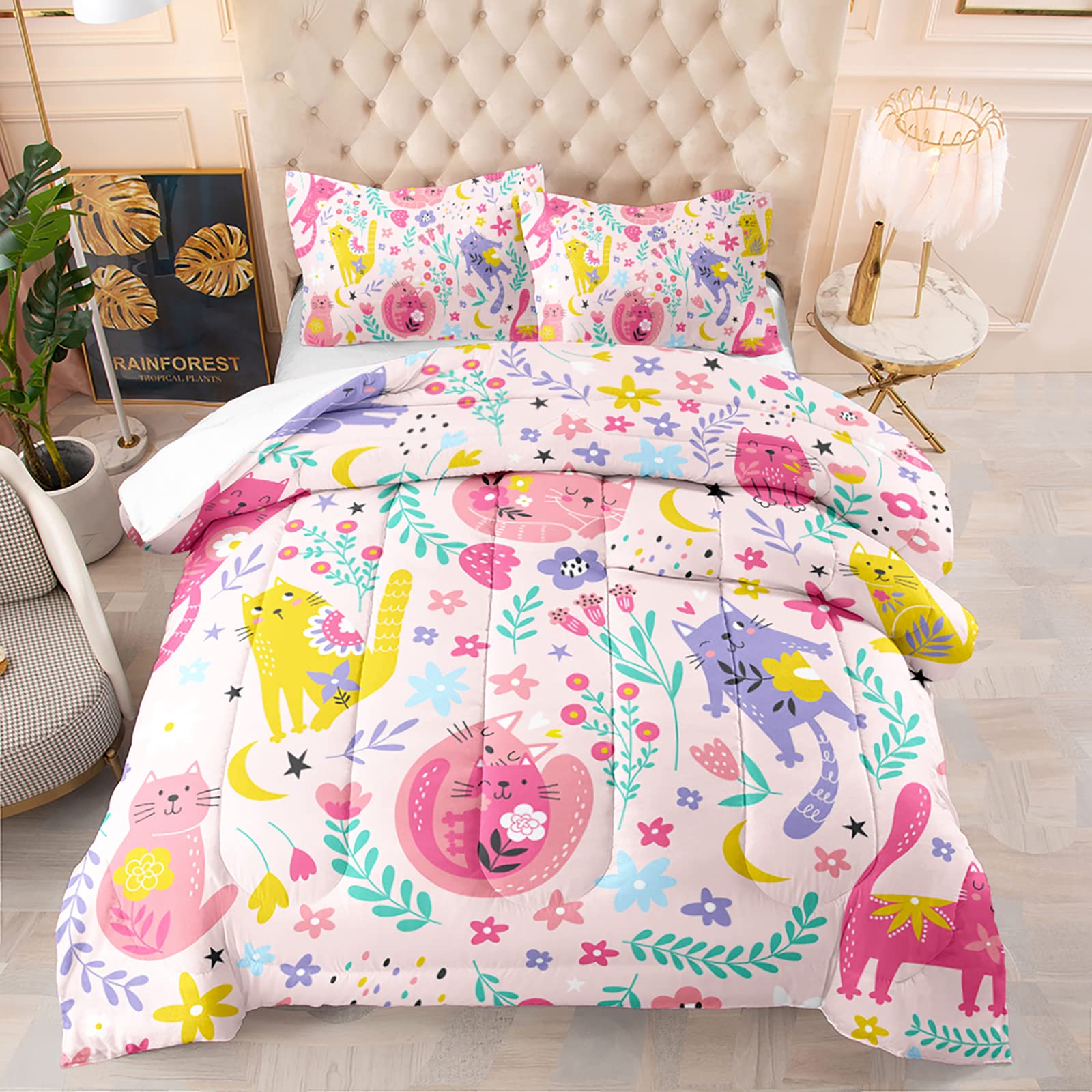 QOOMO Floral Cat Comforter Twin Size,Pink Cat Comforter Set for Kids Teens Girls,3Pcs Bedding Set Printed Comforter with 2 Pillowcases,Down Alternative,Soft and Lightweight(PinkοΌTwin Size)