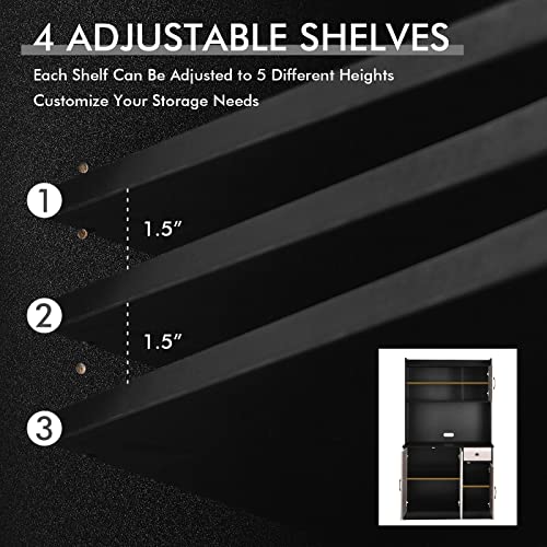 COSTWAY Freestanding Buffet with Hutch, Kitchen Pantry Storage Cabinet with 5-Position Adjustable Shelves, Kitchen Buffet Cabinet with Open Shelves, Doors and Drawer for Home (Black)