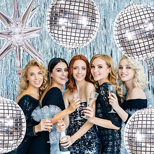 9 Pcs Giant Silver 4D Disco Ball Balloons, 22 Inch Silver Explosion Star Foil Mylar Balloons And 4D Round Metallic Silver Disco Balloons For 70s 80s 90s Disco Theme Party Decorations