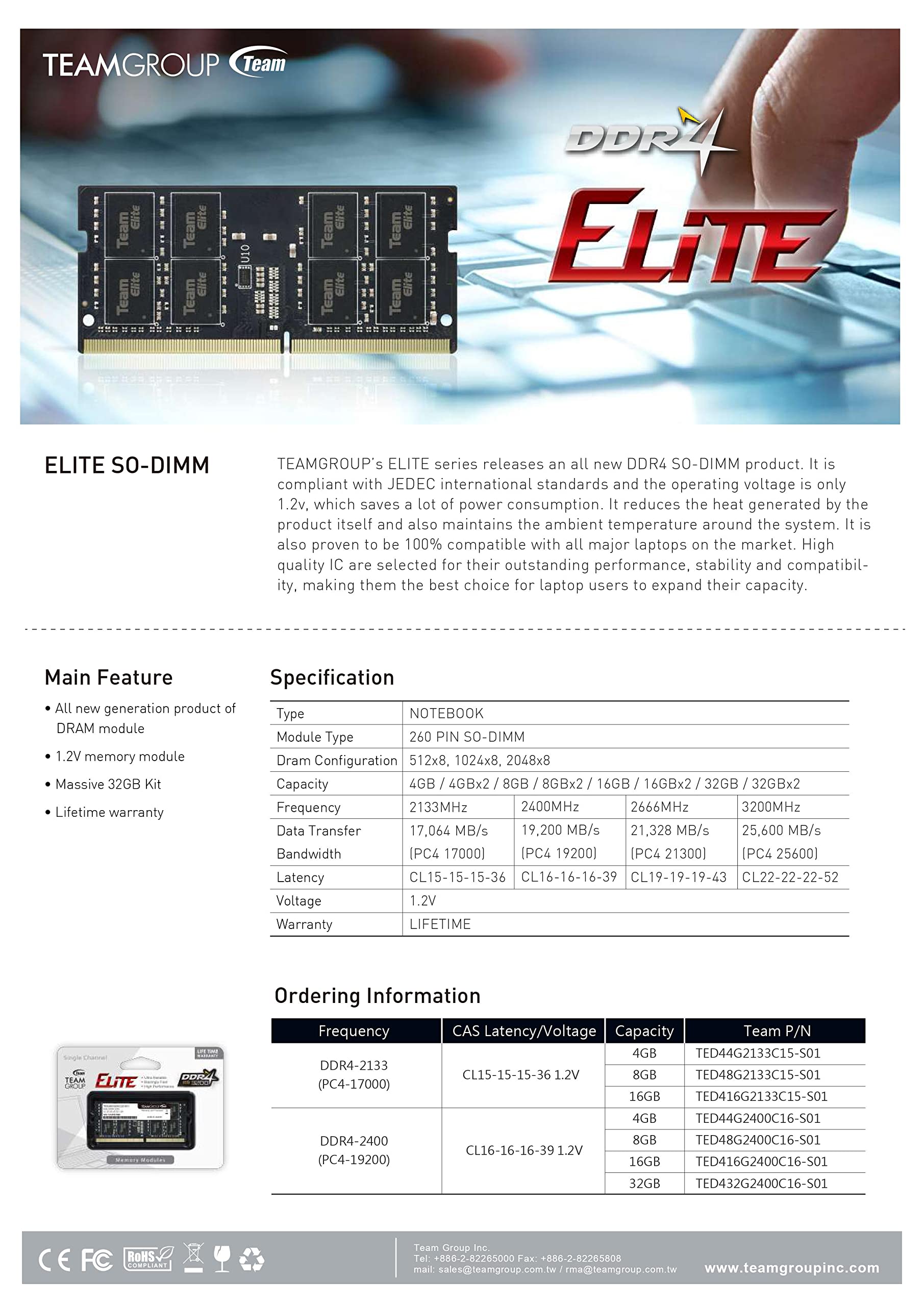 TEAMGROUP Elite DDR4 16GB Single 2666MHz PC4-21300 CL19 SODIMM 260-Pin Laptop Memory Module Ram - TED416G2666C19-S01