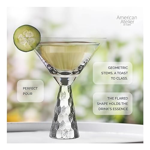 American Atelier Daphne Martini Glasses | Set of 2 | Hammered Metal Design | 9-Ounce Capacity | Elegant Cocktail Barware for Martini or Cosmopolitan (Silver)