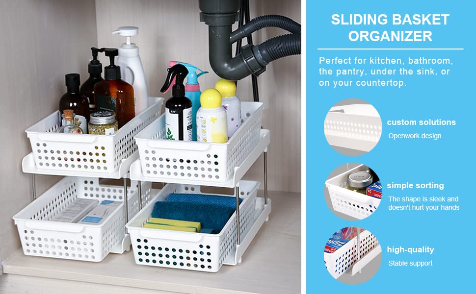 Aupmeka Kitchen Organizer 2 Tier Under Sink Storage and Organizer for Pantry, Cabinet, Cupboard, Fridge- Bathroom Sink Pull-Out Drawer Organizer