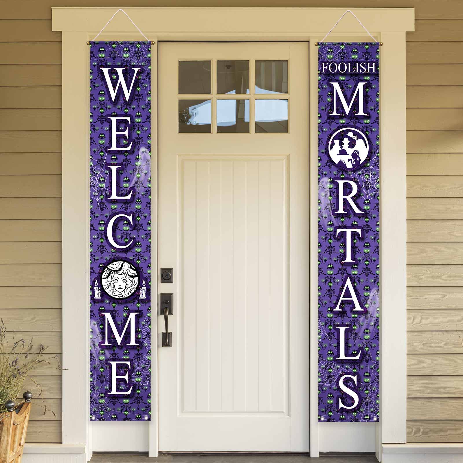 Allenjoy 11.8" x 70.9" 2PCS Purple Manison Welcome Foolish Mortals Porch Sign Door Banner for Halloween Haunted House Birthday Party Supplies Decorations Flag Hanging Home Wall Decor Outdoor Indoor