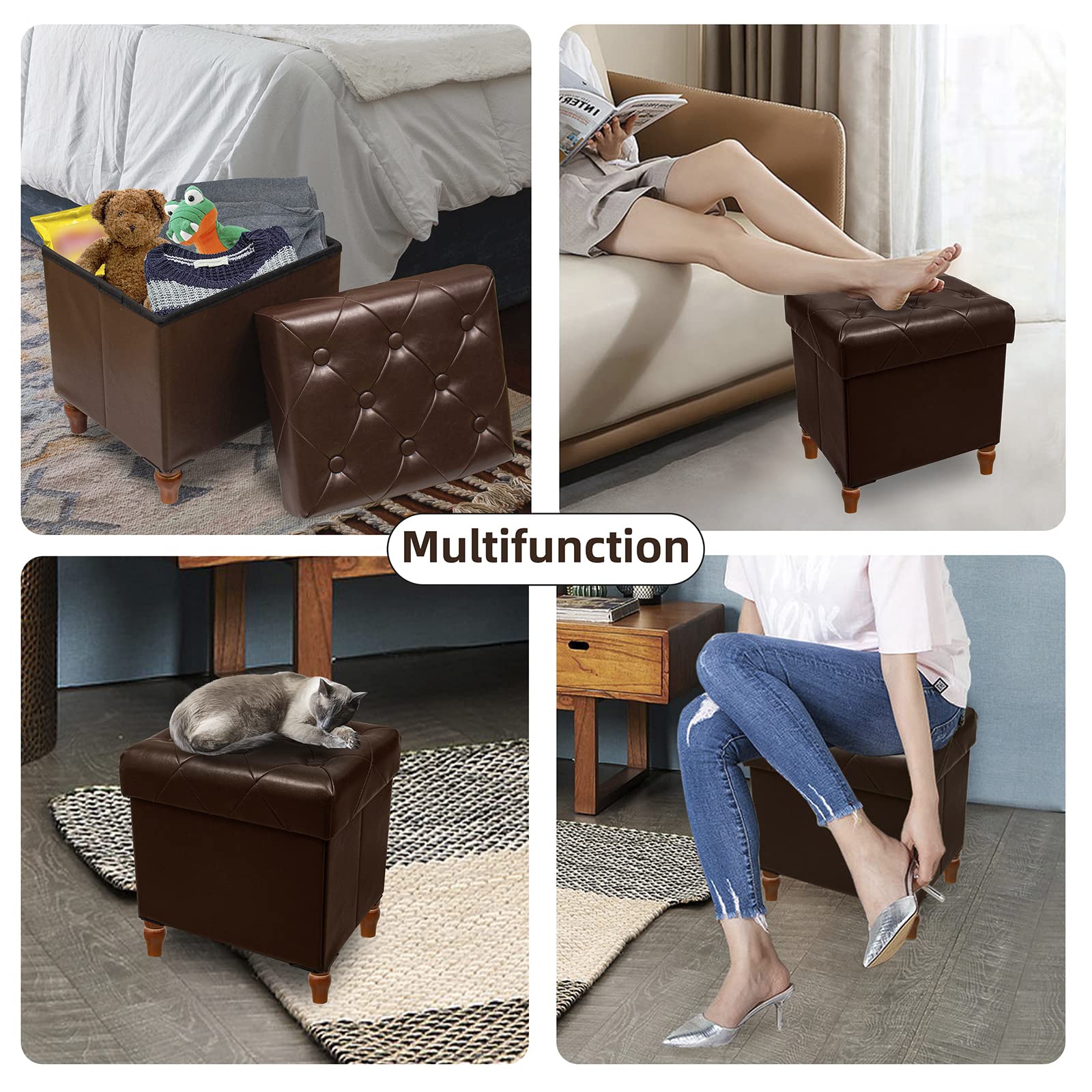 CAROLMADE Folding Storage Ottoman Cube PU Leather Footstool with Wood Legs Toy Storage for Living Room and Bedroom Brown, 15"x12.6"x15.4β