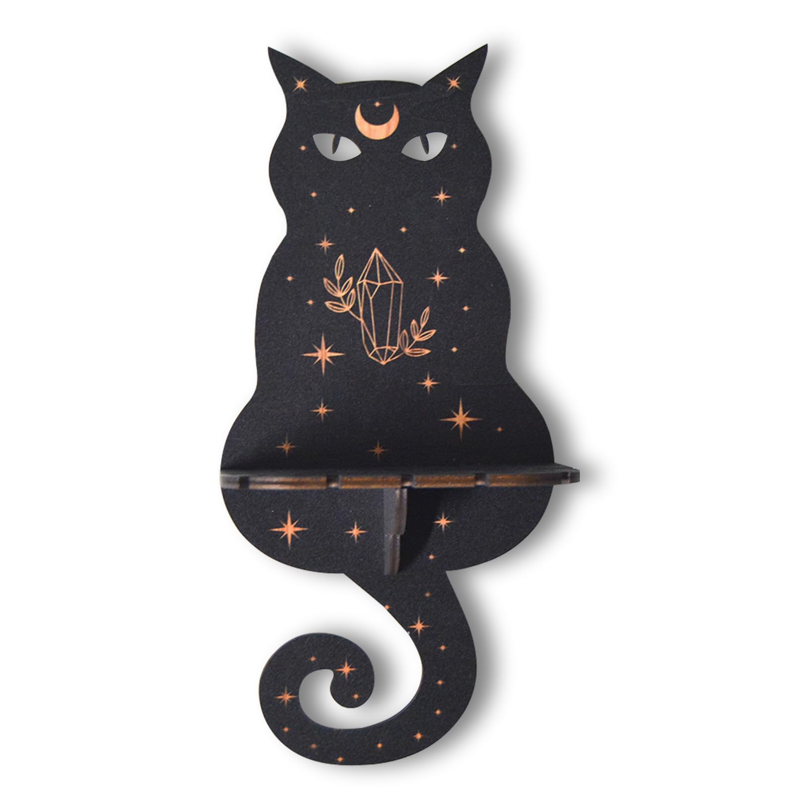 Jamo Homzi Crystal Shelf Black Crystal Display Shelf Crystal Pendulum Holder Stand Display Shelf Witch Bat Moth Stuff Wooden Kit Hanging Rustic Crystal (cat)