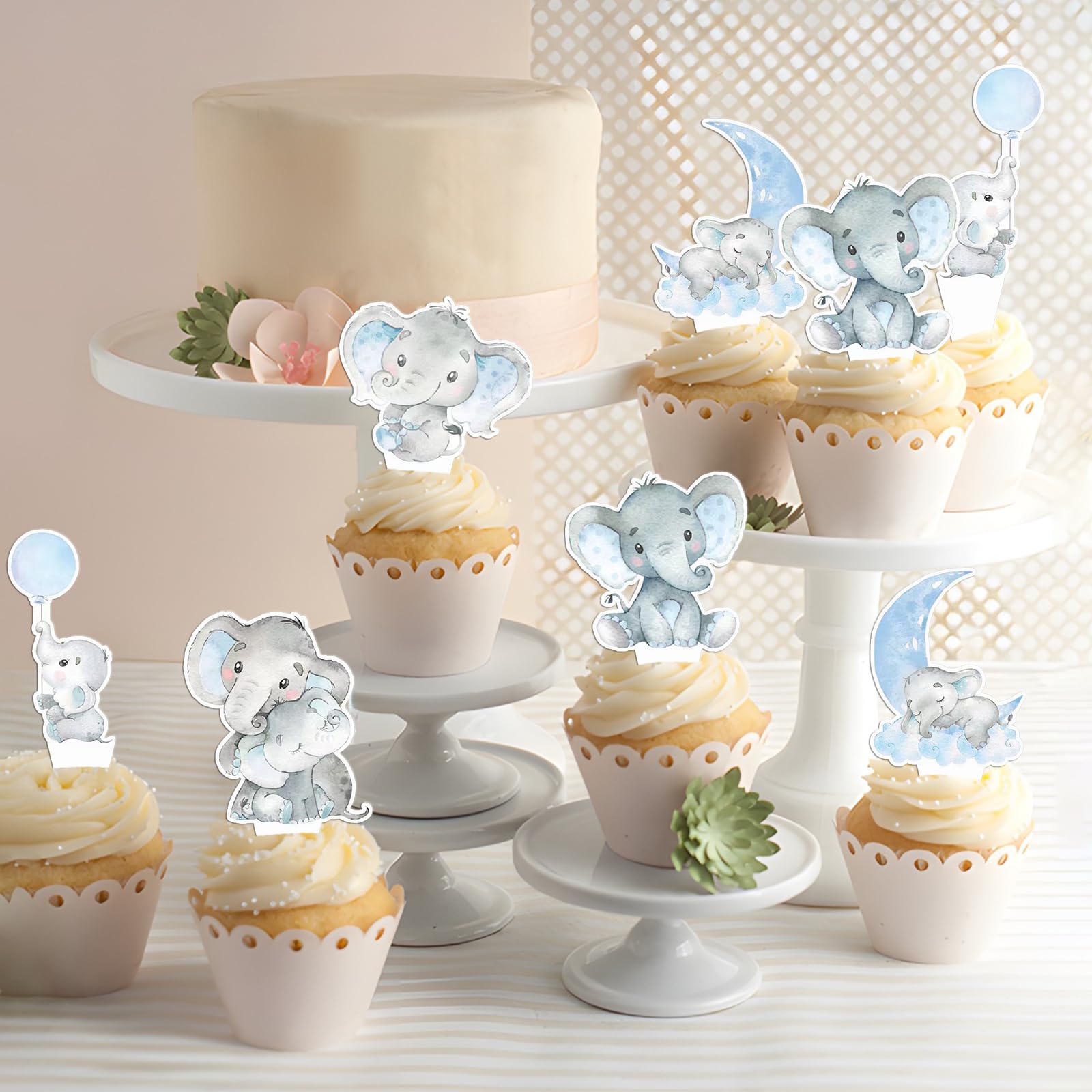 48 Pcs Blue Elephant Cupcake Toppers for Elephant Baby Shower Decorations Boy Cupcake Cake Decorations Baby Elephant Birthday Party Supplies