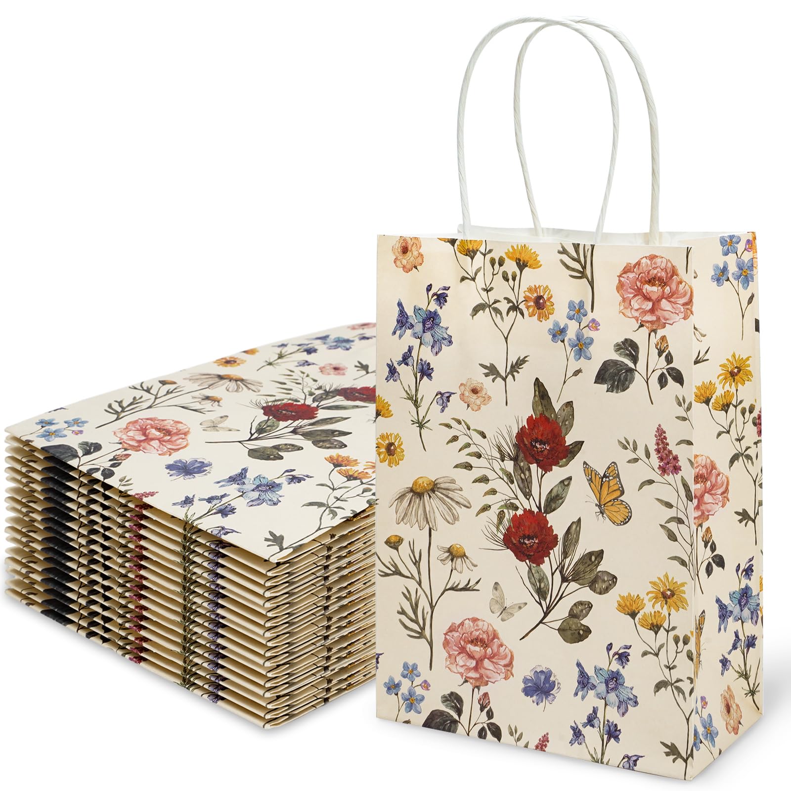 AnyDesign 24Pcs Vintage Wildfloral Paper Gift Bags Wildflower Print Treat Bags with Handles Grocery Shopping Bags Candy Goodie Bags for Baby Shower Wedding Party Supplies