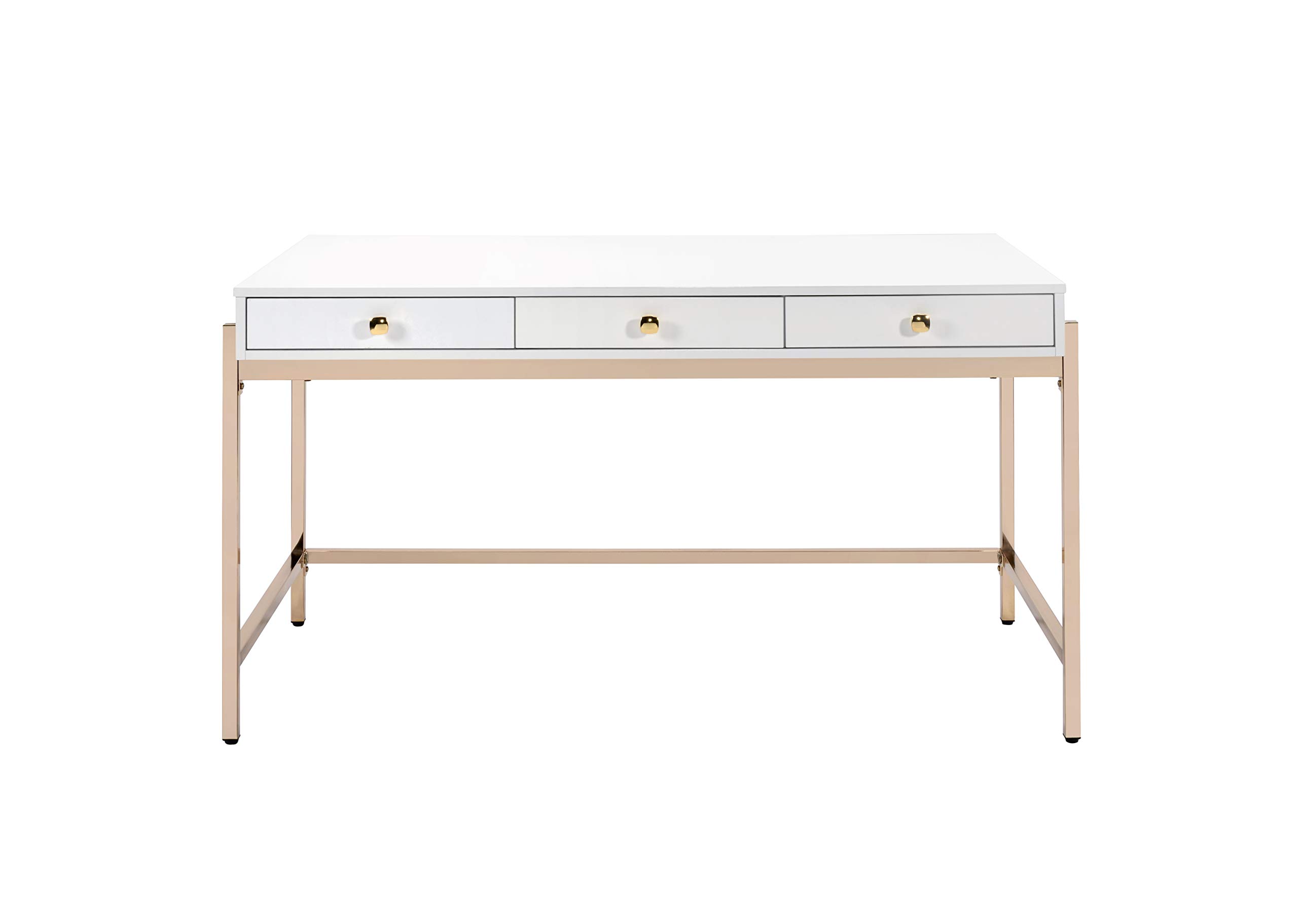 Acme Ottey Wooden Top Writing Desk with 3 Drawers in White High Gloss and Gold