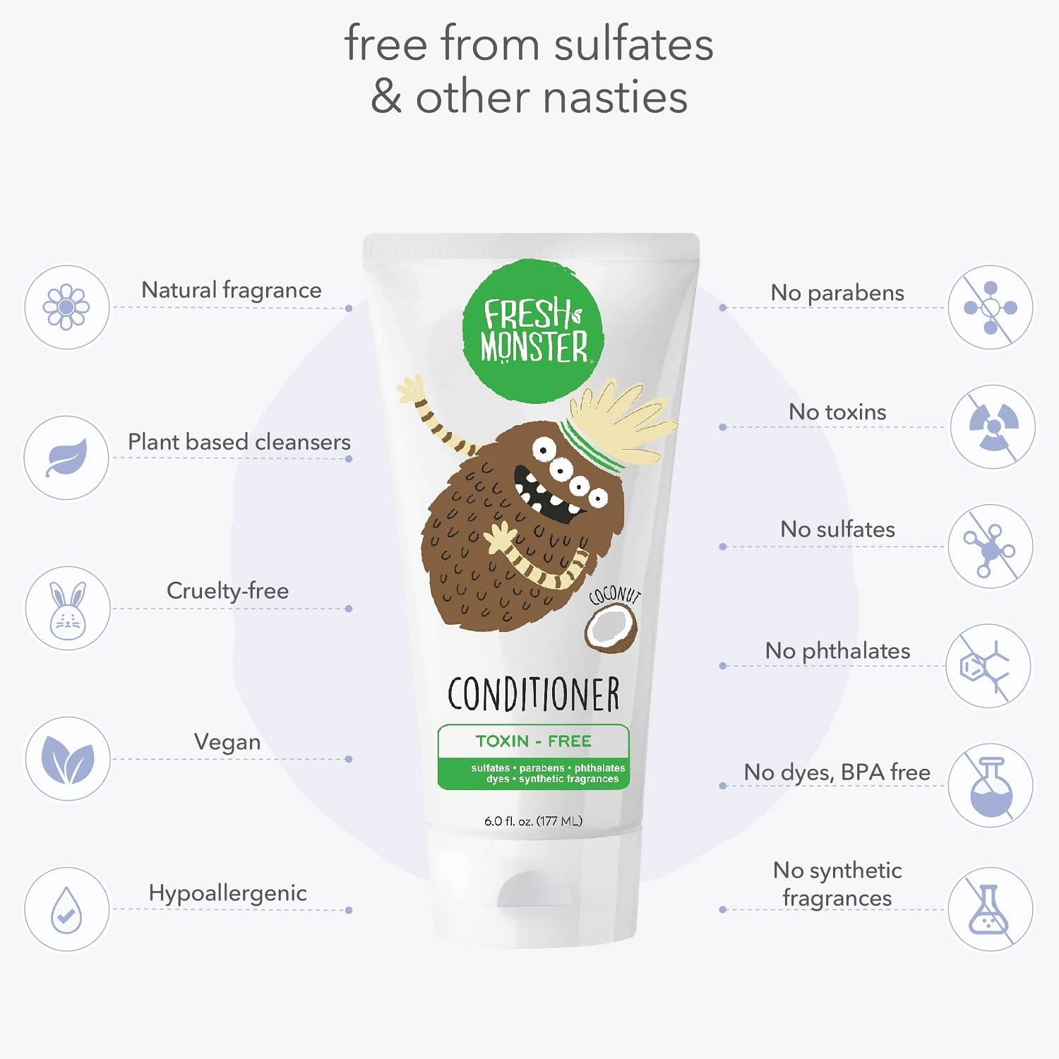 Fresh Monster Kids Hair Conditioner, Toxin-Free, Hypoallergenic & Natural, Hair Conditioner for Kids, Coconut (6oz)
