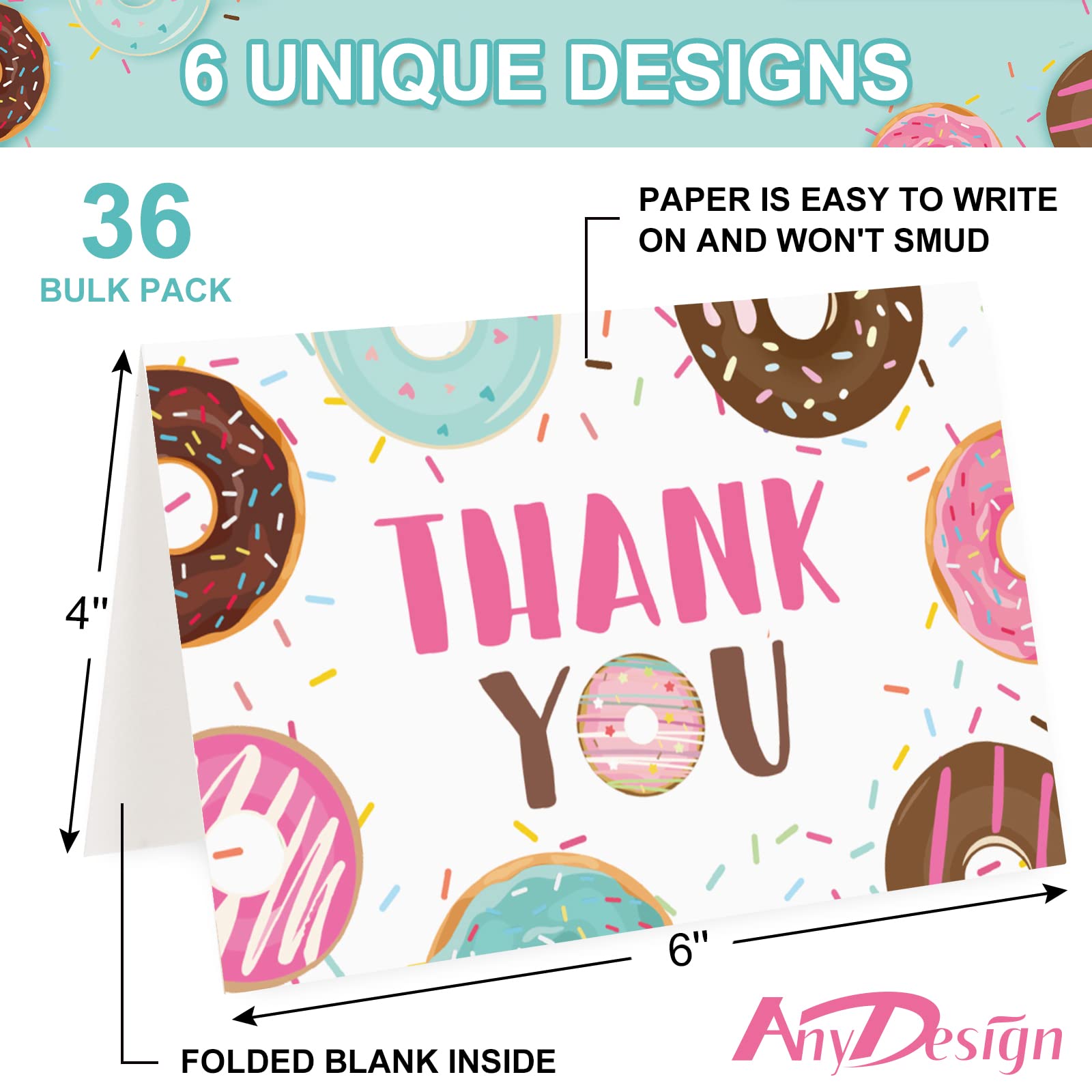 AnyDesign 36 Pack Donut Thank You Cards with Matching Seal Stickers Envelope Assorted Cartoon Doughnut Greeting Blank Note Cards for Baby Shower Wedding Birthday Party Business Stationery