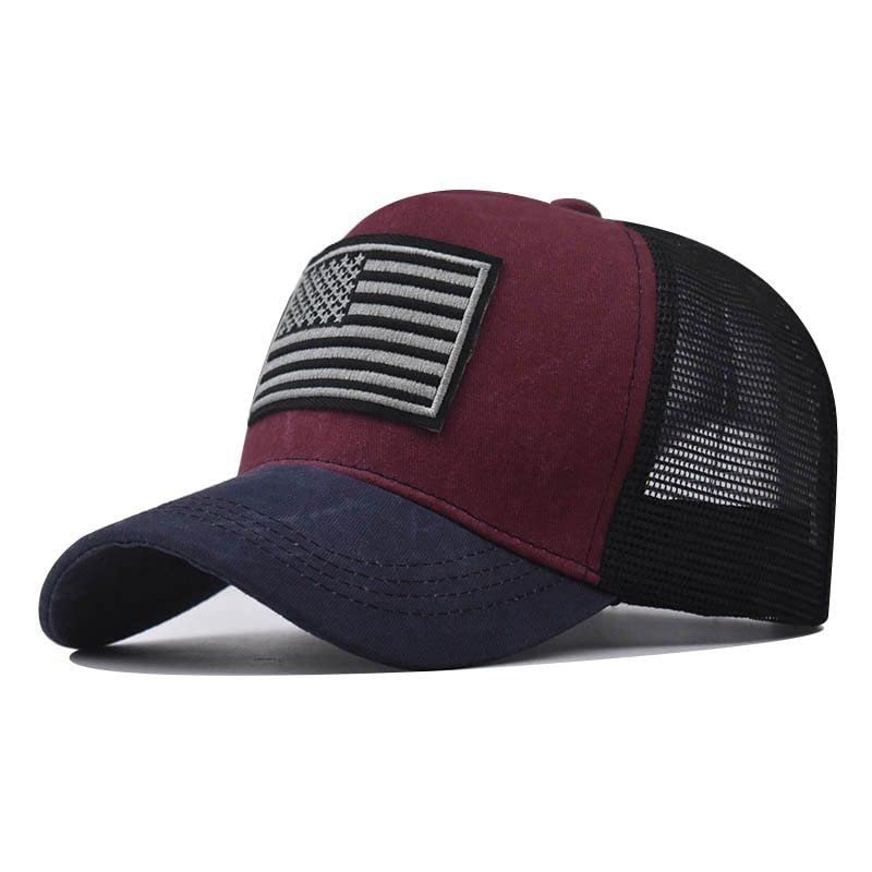 American Flag Trucker Hat - Snapback Hat, Baseball Cap for Men Women - Breathable Mesh Side, Adjustable Fit - for Casual Wear (Wine red)