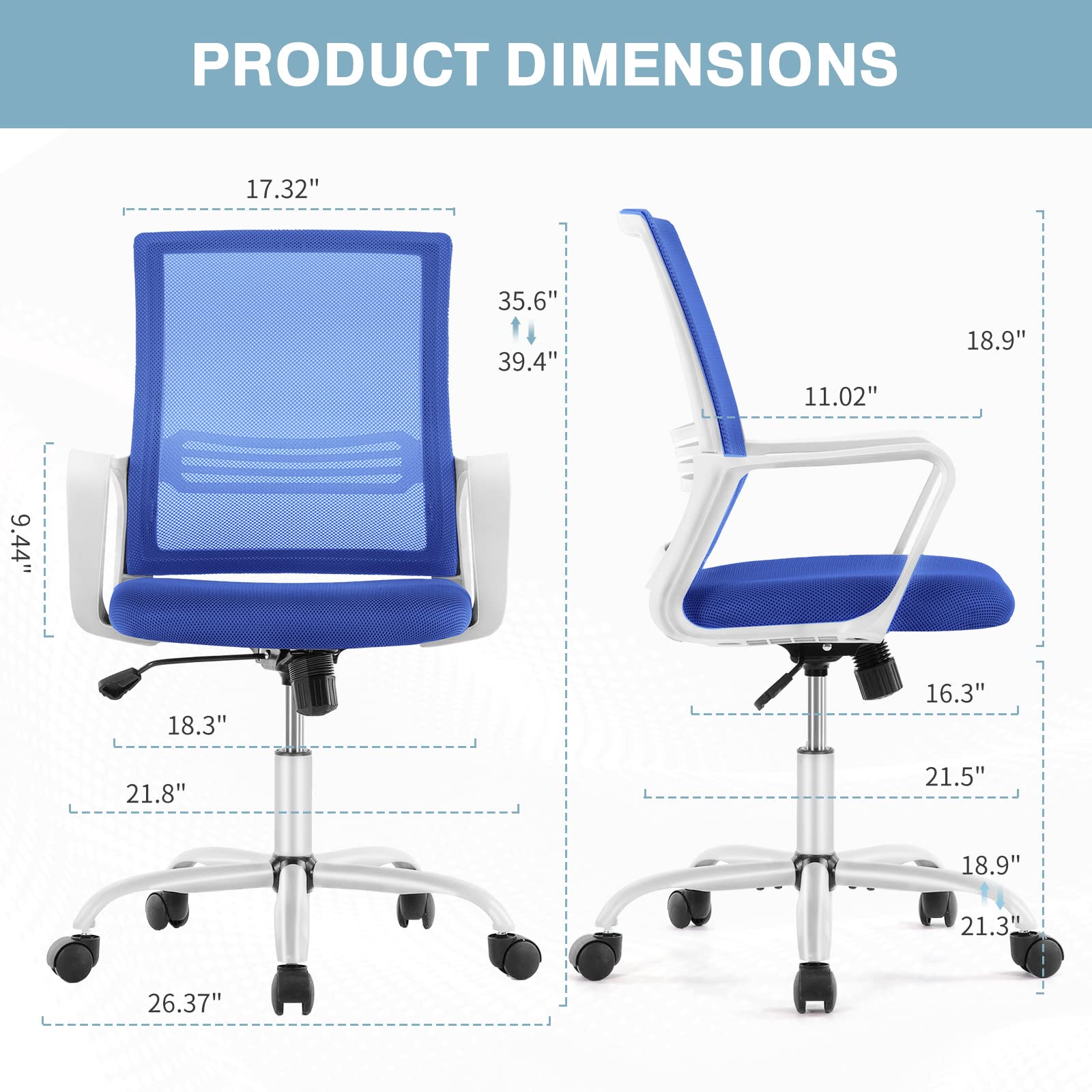 AFO Home Office Desk Chair with Ergonomic Lumbar Supportive Armrest, Mid Back, Tilting Function, Breathable Mesh and High Resilience Sponge Swivel Rolling, Adjustable Height, Navy Blue
