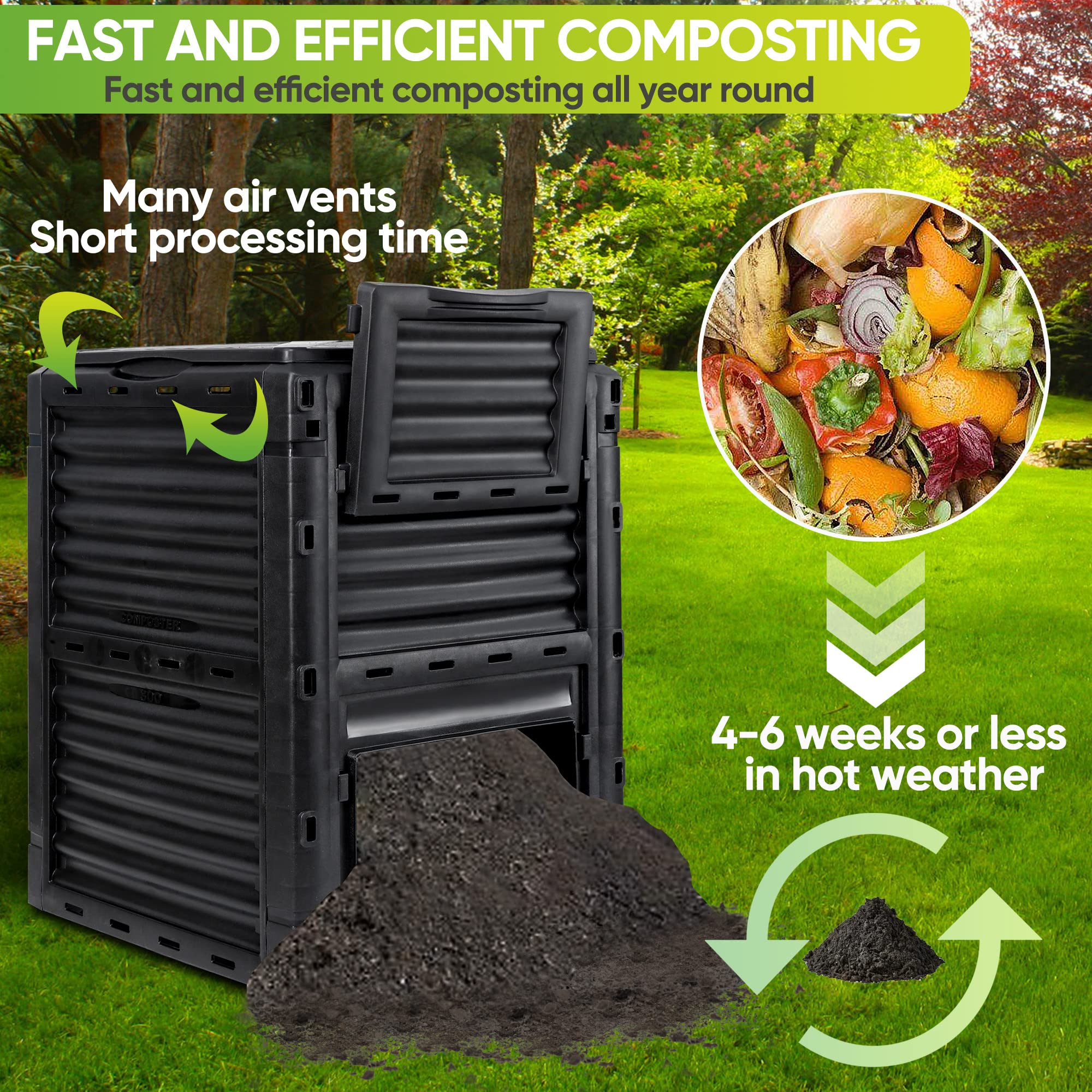 LEMY Garden Compost Bin, 80 Gallon Outdoor Compost Box for Fast Creation of Fertile Soil, Large Capacity, Black