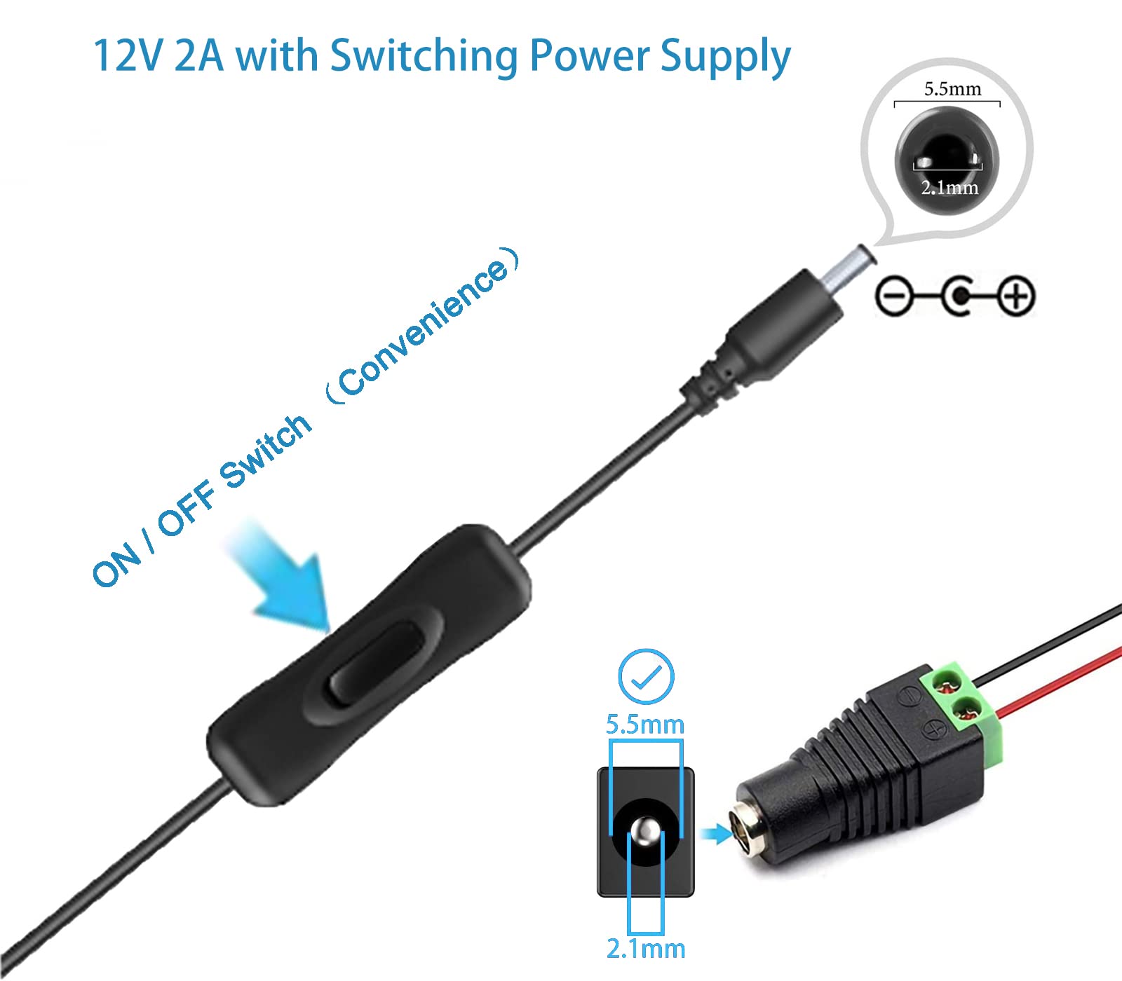 F1TP DC 12V 2A Power Supply Adapter with On Off Switch, 12Volt 2amp Wall Charger for LED Light Strip, DVR/NVR/CCTV Camera, Led Tape Lights, Digital Photo Frame, Router, Yamaha Keyboard
