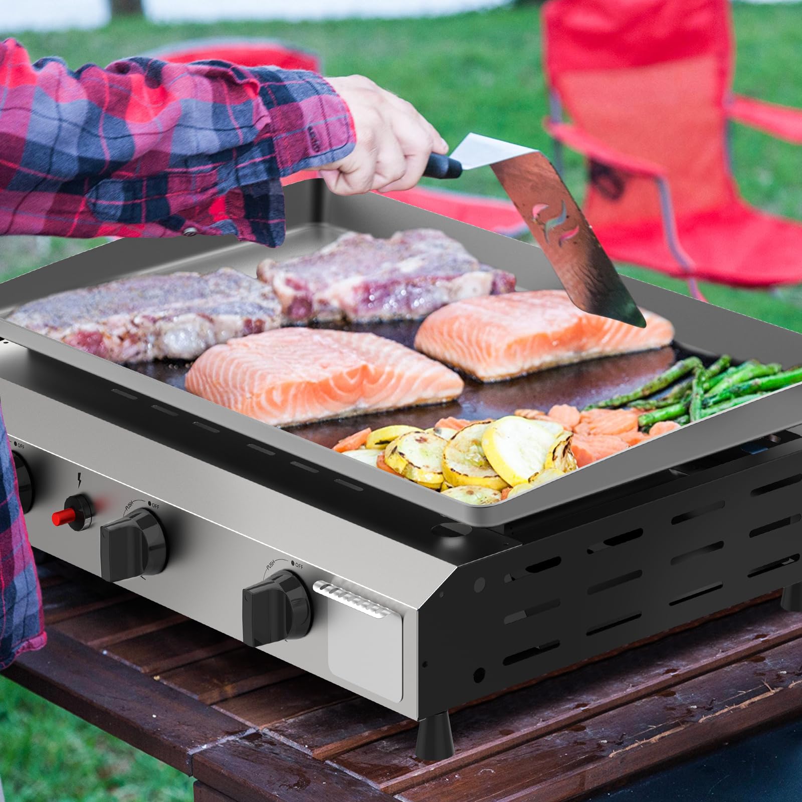 ADREAK 25.6 Inch 3 Burner BBQ Gas Grill Griddle, Stainless Steel Portable Detachable 30,000 BTU Table Top Propane Barbecue Grill for Camping or Tailgating (Upgraded Griddle)