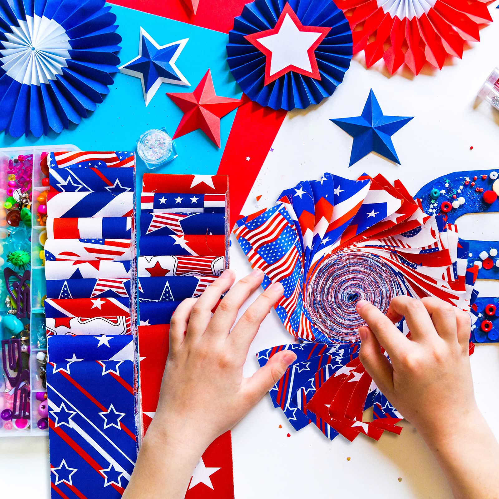60 Pcs Cotton Jelly 4th of July Fabric Roll Independence Day Fabric Strips Cotton Jelly Fabric Patriotic Quilting Fabric Roll for Sewing DIY Patchwork, 12 Styles