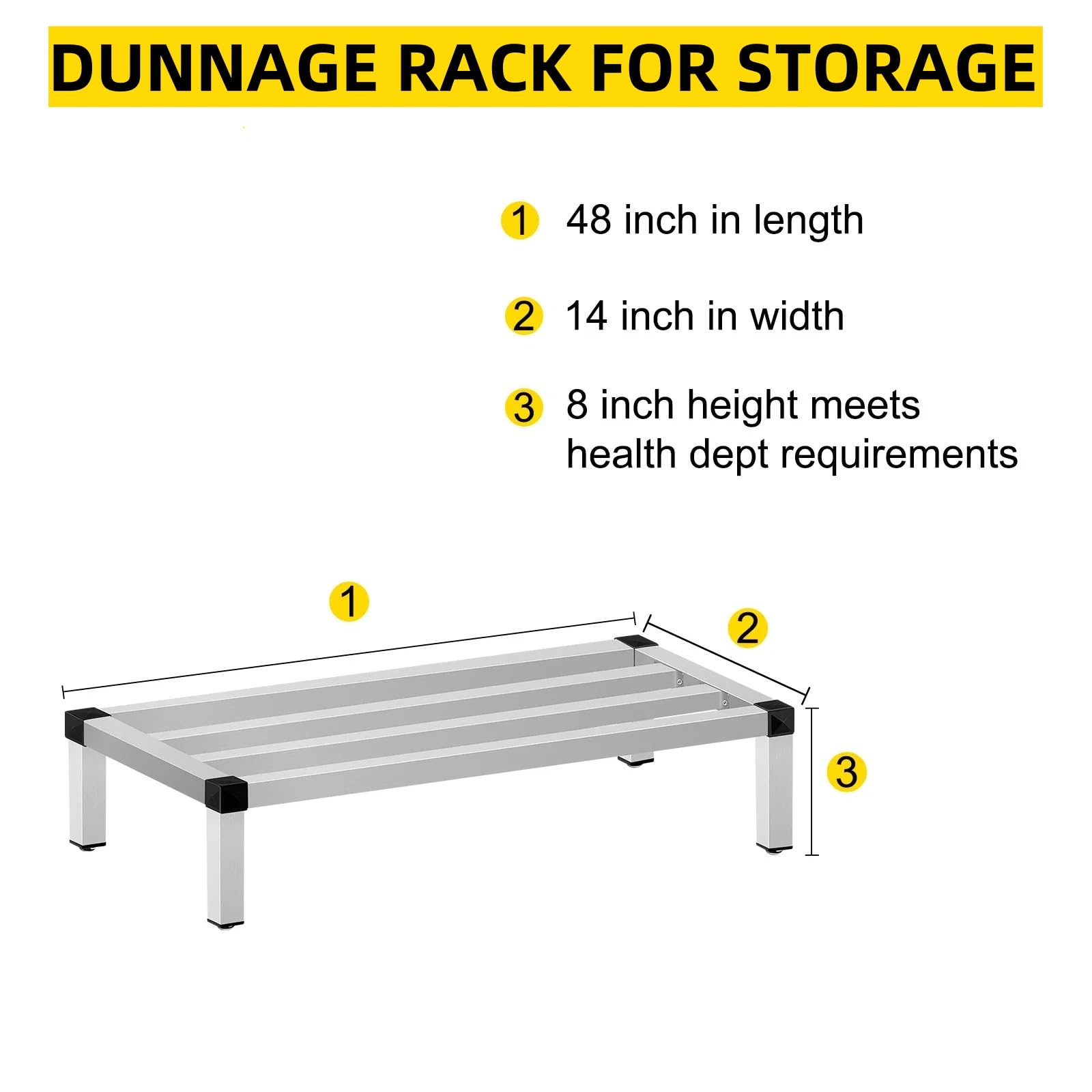 48'' x 14'' Aluminum Dunnage Rack, 8'' Off The Floor, 1000lbs Capacity Aluminum Floor Food Shelf for Storage in Restaurant, Kitchens, Shops