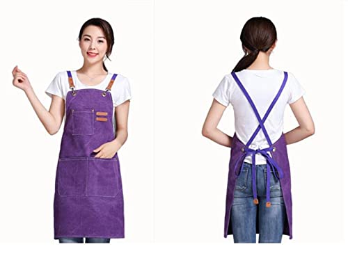 Cotton Canvas Apron for Artists Painting,Chef Apron with Cross Back Straps for Men Women, Kitchen Cooking (Purple)