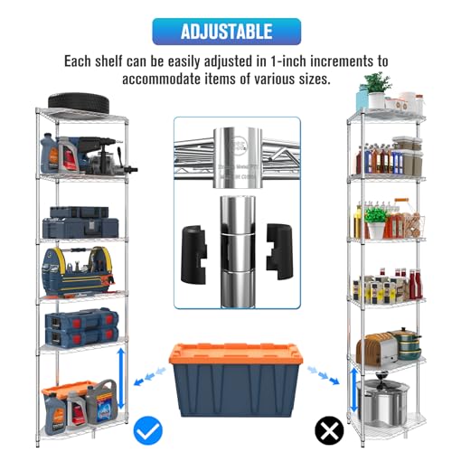 6 Tier NSF Corner Wire Shelf Shelving Unit, 20 x 20 x 72 Inch 600lbs Capacity Heavy Duty Adjustable Metal Storage Rack with Leveling Feet & Shelf Liners for Office Kitchen Bathroom and More - Chrome