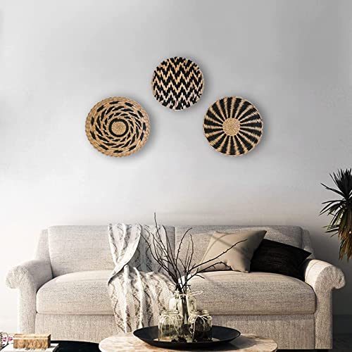 Boho Wall Basket Decor Set of 3, Hand Woven Rattan Hanging Décor, Decoration for Living Room, Office, Bedroom