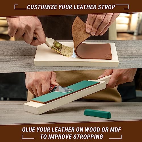 BeaverCraft Stropping Leather Strop Kit for Sharpening Knife Strop LS2P1 - Leather Honing Strop 3 x 8 IN - Knives Sharpening with Stropping Set Polishing Compound - Double Sided