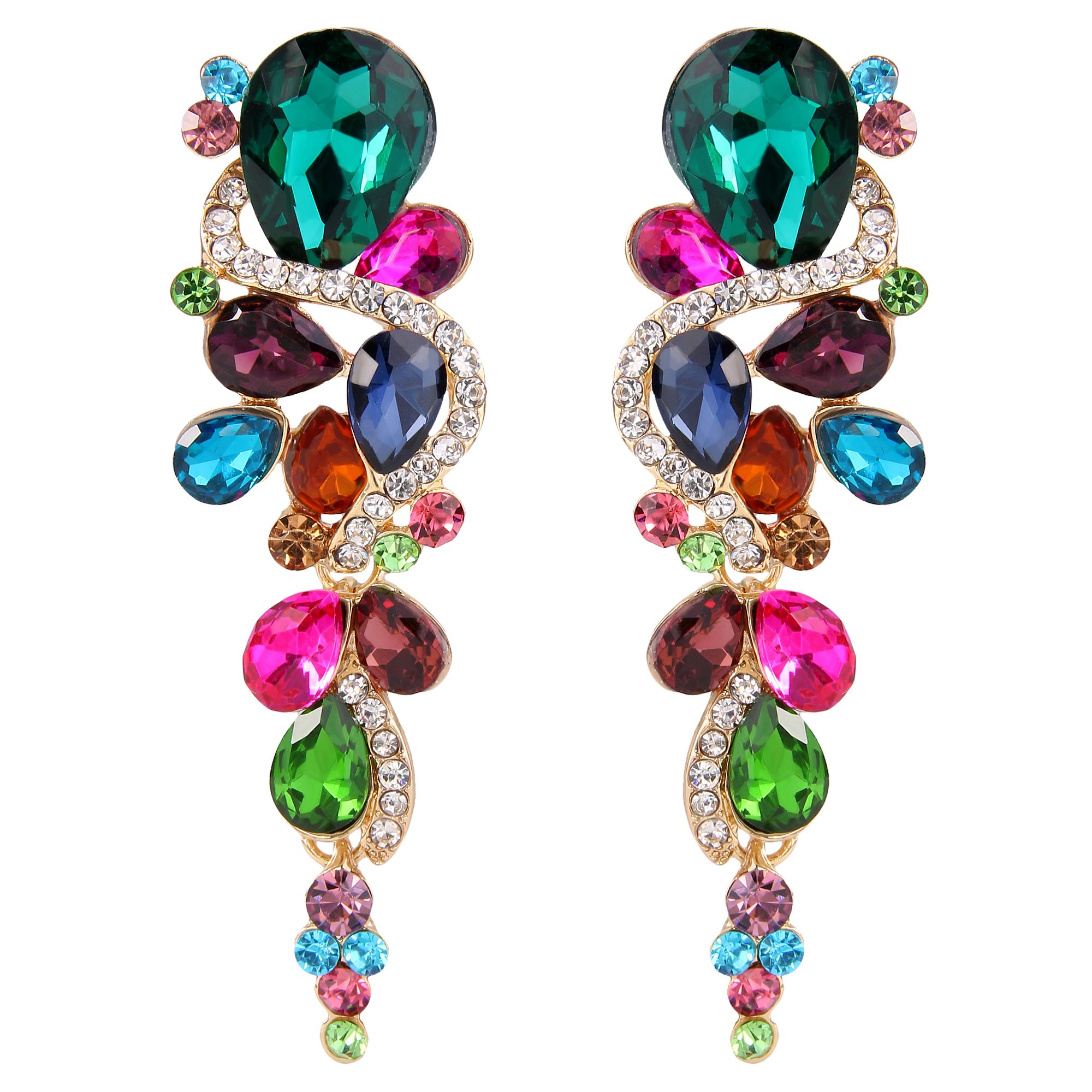 BriLove Women's Wedding Bridal Dangle Earrings Bohemian Boho Crystal Multiple Teardrop Chandelier Long Earrings Gold-Tone Multicolor Colorful