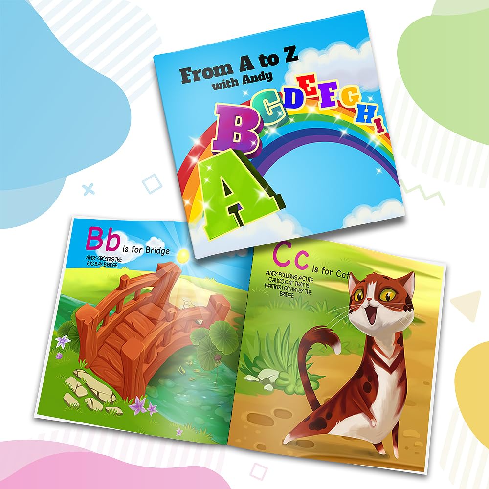 Personalized Story Book by Dinkleboo - from A to Z - for Kids Aged 0 to 8 Years Old - Makes Learning Alphabet Fun and Engaging - Printed on Smooth Satin Paper - Soft Cover (8"x 8")