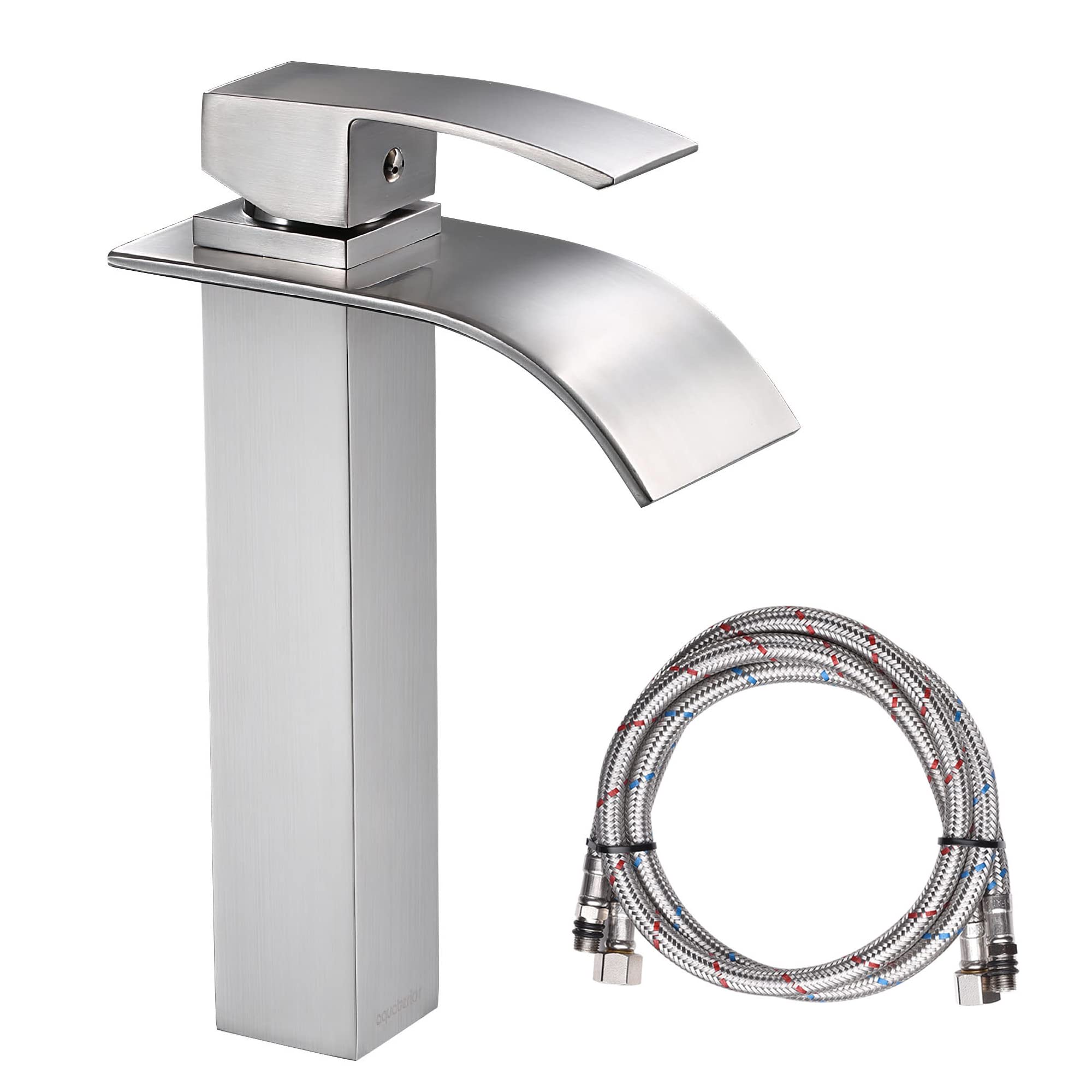 Aquaterior Waterfall Spout Single Handle Bathroom Vessel Sink Faucet with Mixer Tap One Hole Tall Bath RV Faucet Brushed Nickel(CUPC NSF CEC)