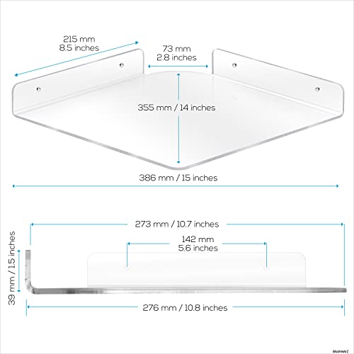 BRAINWAVZ 2-Pack 10β Corner Floating Shelf for Speakers, Books, Decor, Plants, Cameras, Photos, Kitchen, Bathroom, Routers & More Universal Small Holder Acrylic Wall Shelves (Clear)