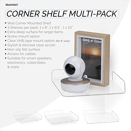 BRAINWAVZ 3-Pack Mixed Size Corner Shelf (8β 9.5β & 10β) for Speakers, Books, Decor, Plants, Cameras, Photos, Kitchen, Bathroom, Routers & More Universal Small Holder Acrylic Wall Shelves (Clear)