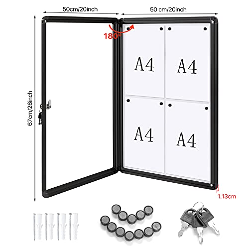 Swansea Enclosed Notice Board Magnetic Bulletin Boards for Office,Black Frame,with Locking Door 26x20inch(4XA4)