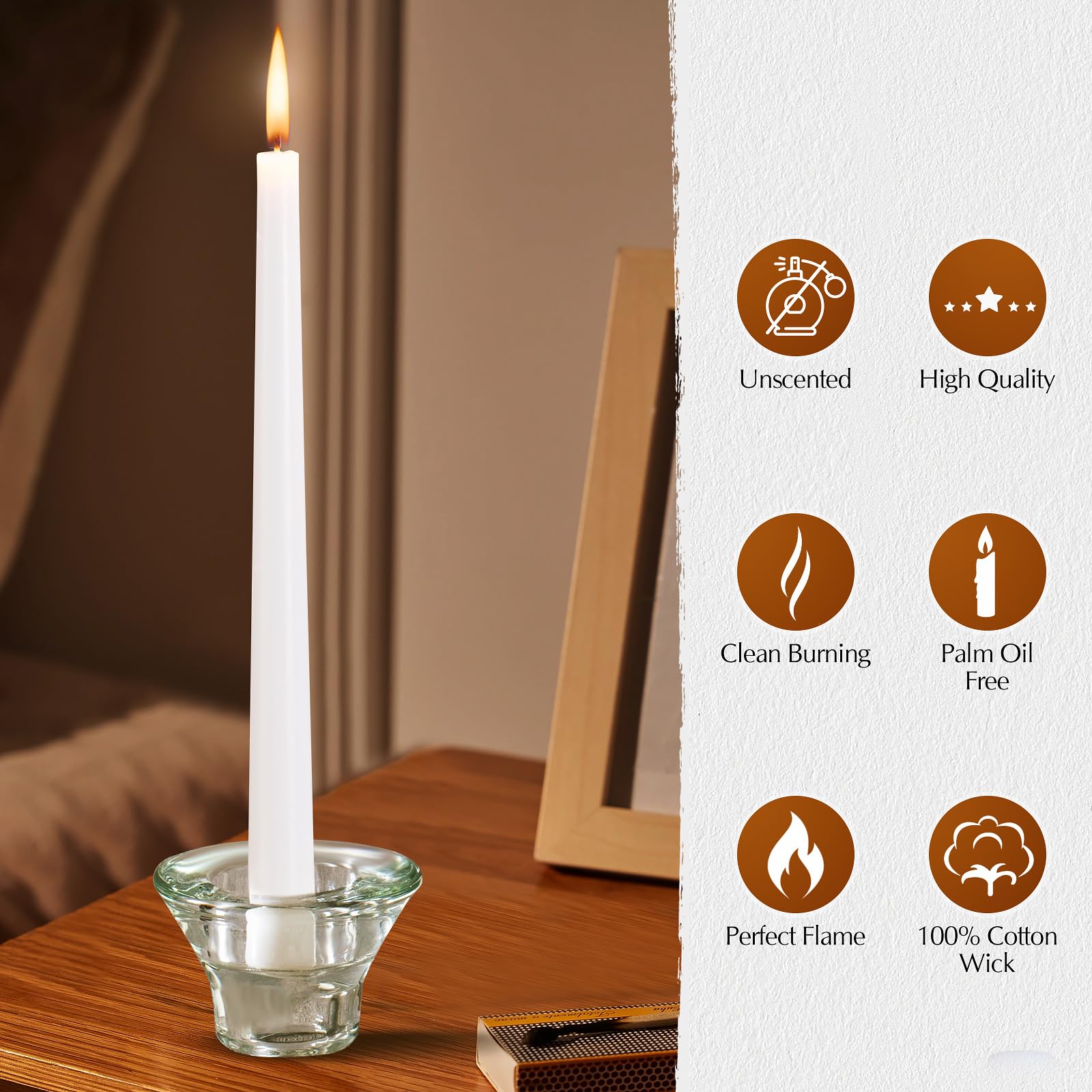 Pandaing 36 Pack White Taper Candles, 7-8 Hours Burn Time, Unscented and Smokeless, 4/5 x 10 Inch Dinner Candle Set for Household, Wedding, Party and Home Décor Candlesticks