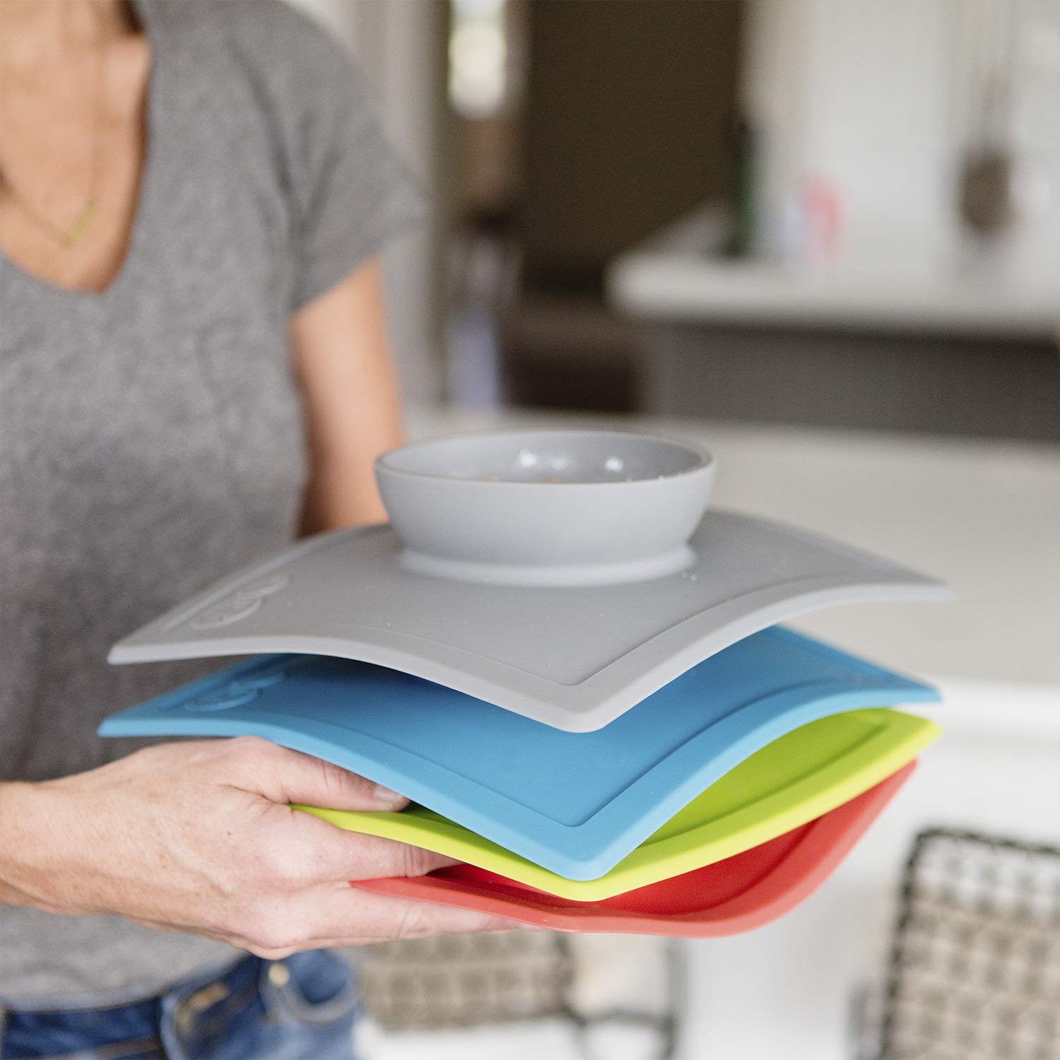 ezpz Happy Bowl - 24 Months + (Gray) - 100% Silicone Suction Bowl with Built-in Placemat β Dishwasher Safe