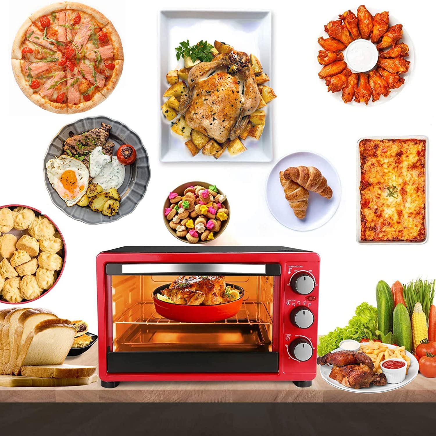 6-Slice Timer Convection Toaster Oven - with Baking Pan Rack & Crumb Tray (Red)