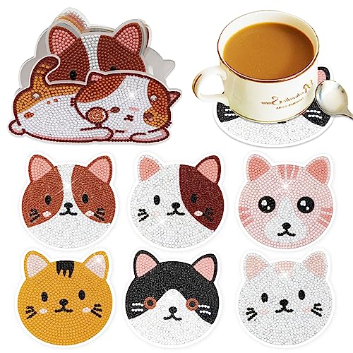 FEELOOK Diamond Painting Coasters with 3D Holder 6Pcs Cat Coasters DIY Diamond Art Crafts for Adults Kids and Beginners Art Craft Supplies Gift