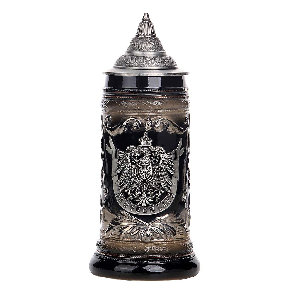 AEIDDRWAA 0.6 Liter Charcoal Black Ceramic Stein Beer Mug with Medieval Germany Eagle Coat of Arms on Engraved Metal Medallion