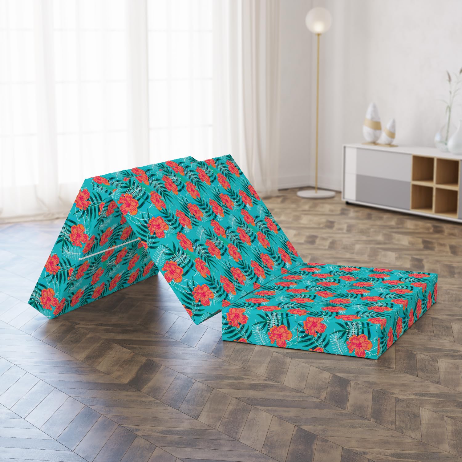Ambesonne Exotic Foldable Mattress, Tropic Summer Hibiscus Flora, 74.8" x 39.4", Seafoam Coral