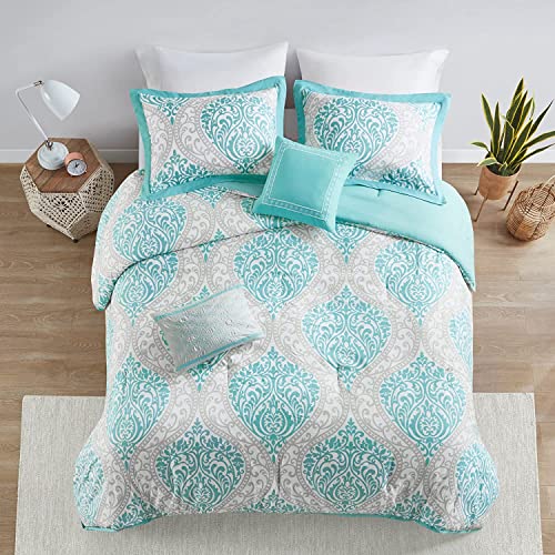 Intelligent Design ID10-898 Senna Comforter Set King/Cal King Size - Aqua Blue/Gray, Damask β 5 Piece Bed Sets β Ultra Soft Microfiber - All Season Comforter Set Bedding