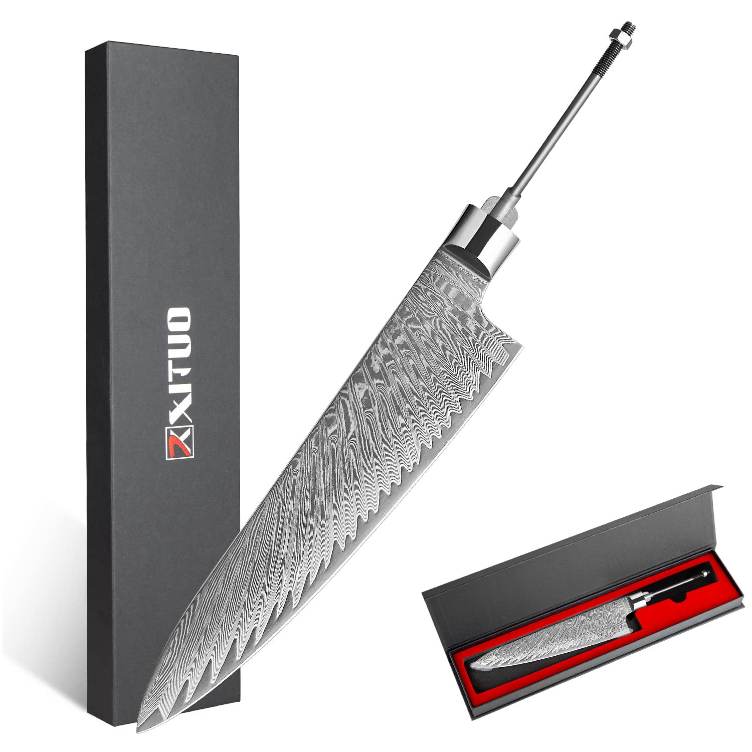 XITUO Chef Knife 8-Inch, 67 Layers Damascus Steel VG10 High Hardness Kitchen Knives Blank Blade Handmade DIY Blades Sharp Knife Billet 9pc Sets Utility (8'' Chef Knife)