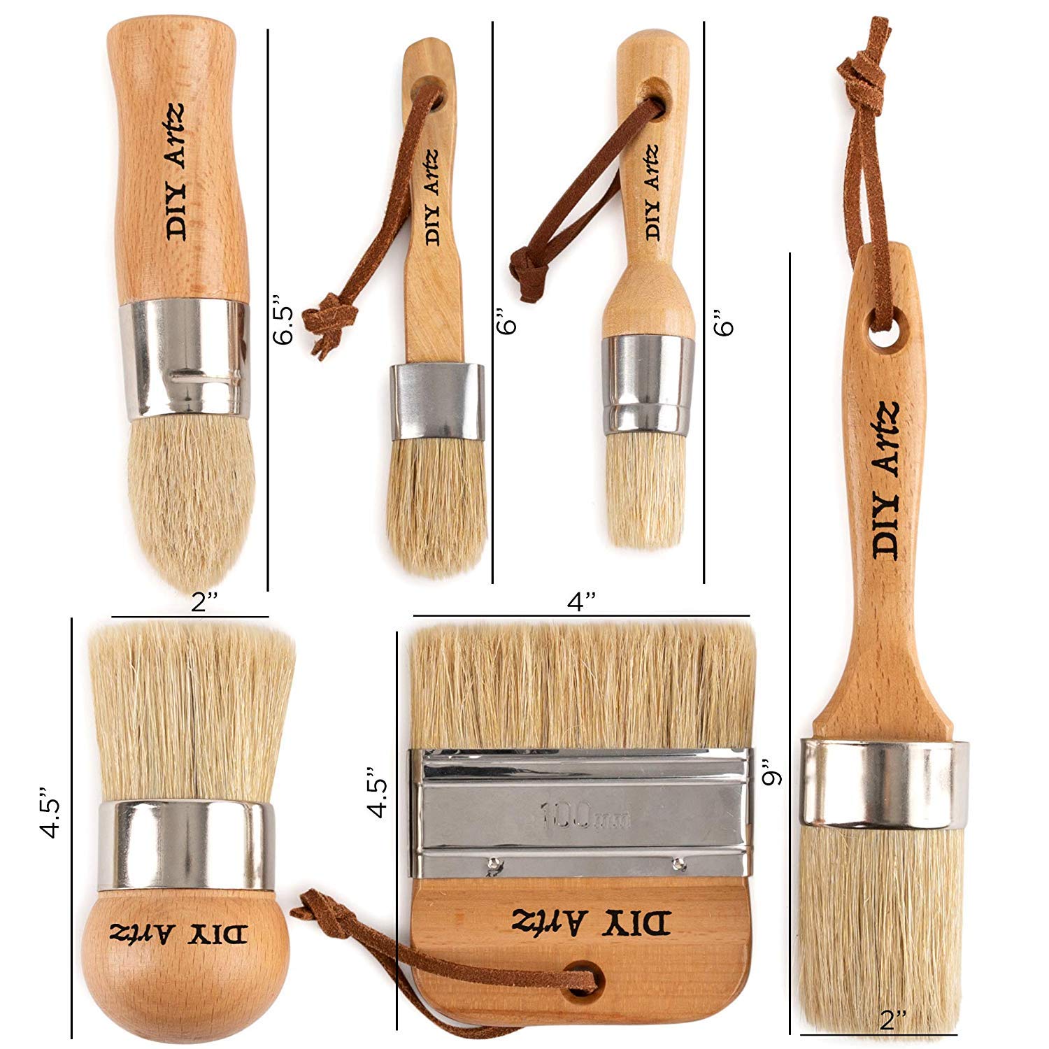 Chalk & Wax Paint Brush (Set of 6) for Waxing & Painting Projects – 100% Natural Boar Bristles, Ergonomic Handles, Minimum Shedding – Smooth Coverage for Furniture, Milk Paint & Stencil by Diyartz