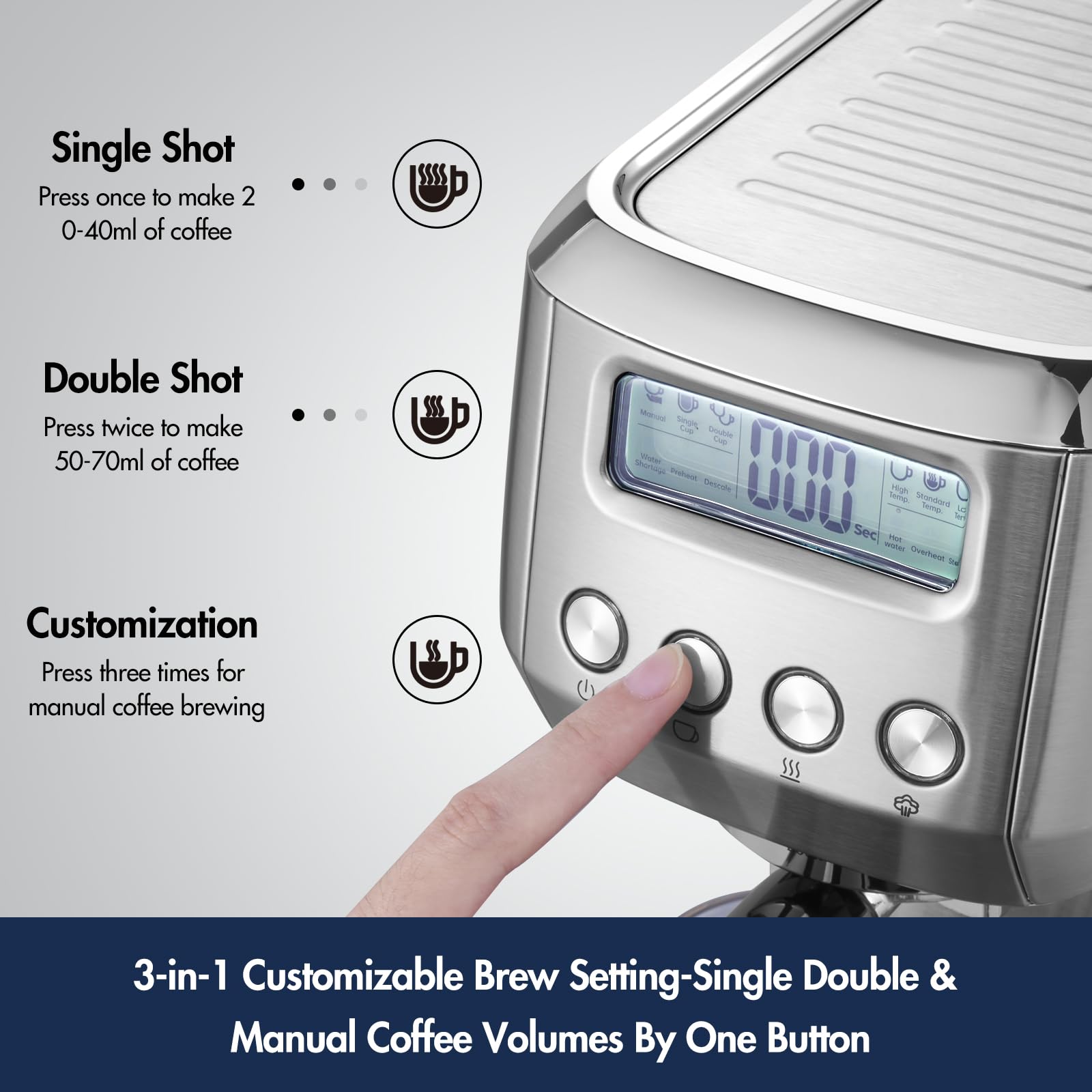 amzchef Espresso Machines 20 Bar, Espresso Maker with Milk Frother & LCD Panel, Adjustable Temp, Compact Cappuccino Machines for Home Gifts, Stainless Steel