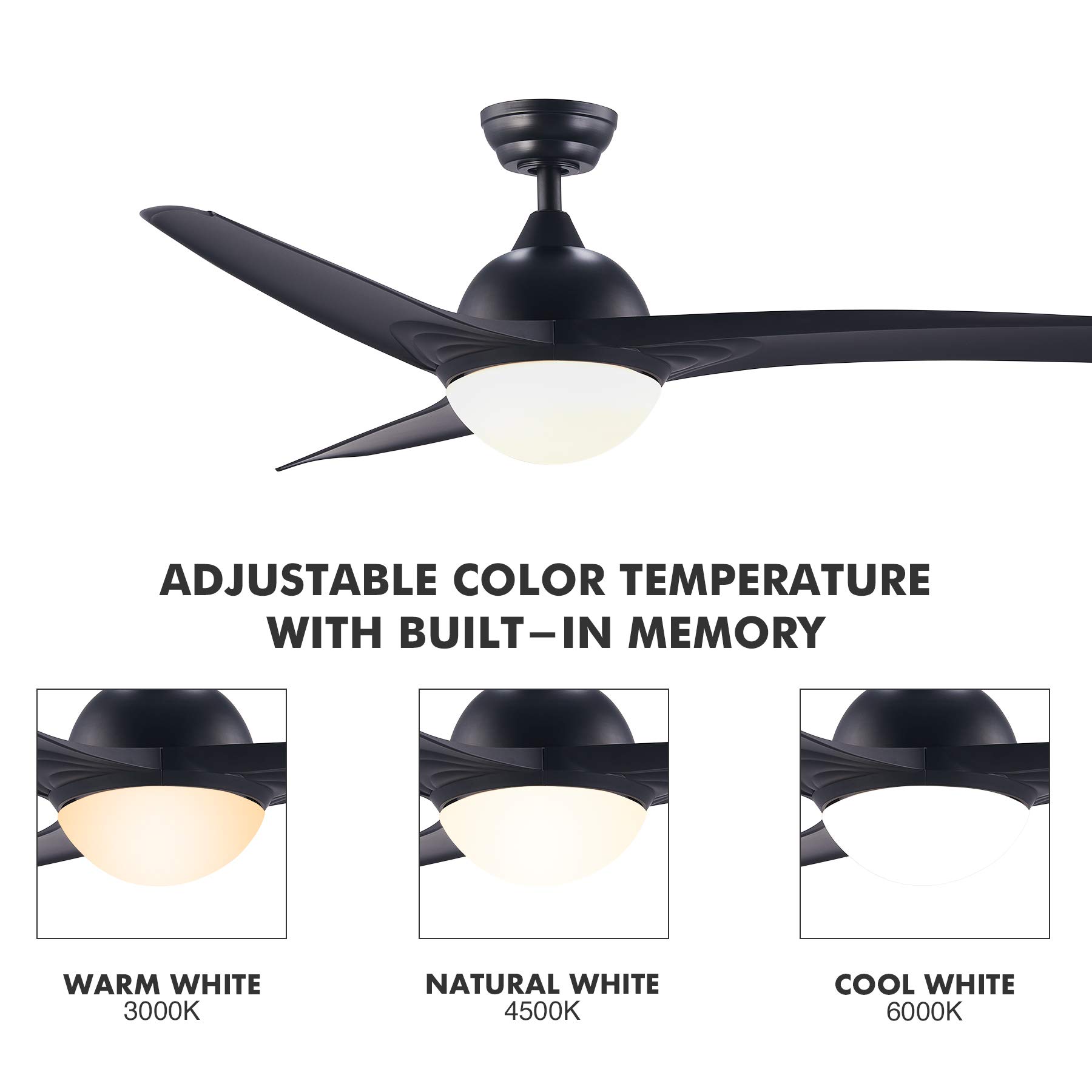 52'' Modern Ceiling Fan with Lights and Remote, Contemporary Black Ceiling Fans with LED Light for Bedroom, Living Room, Kitchen, Industrial Ceiling Fan with 3 ABS Blades Reversible